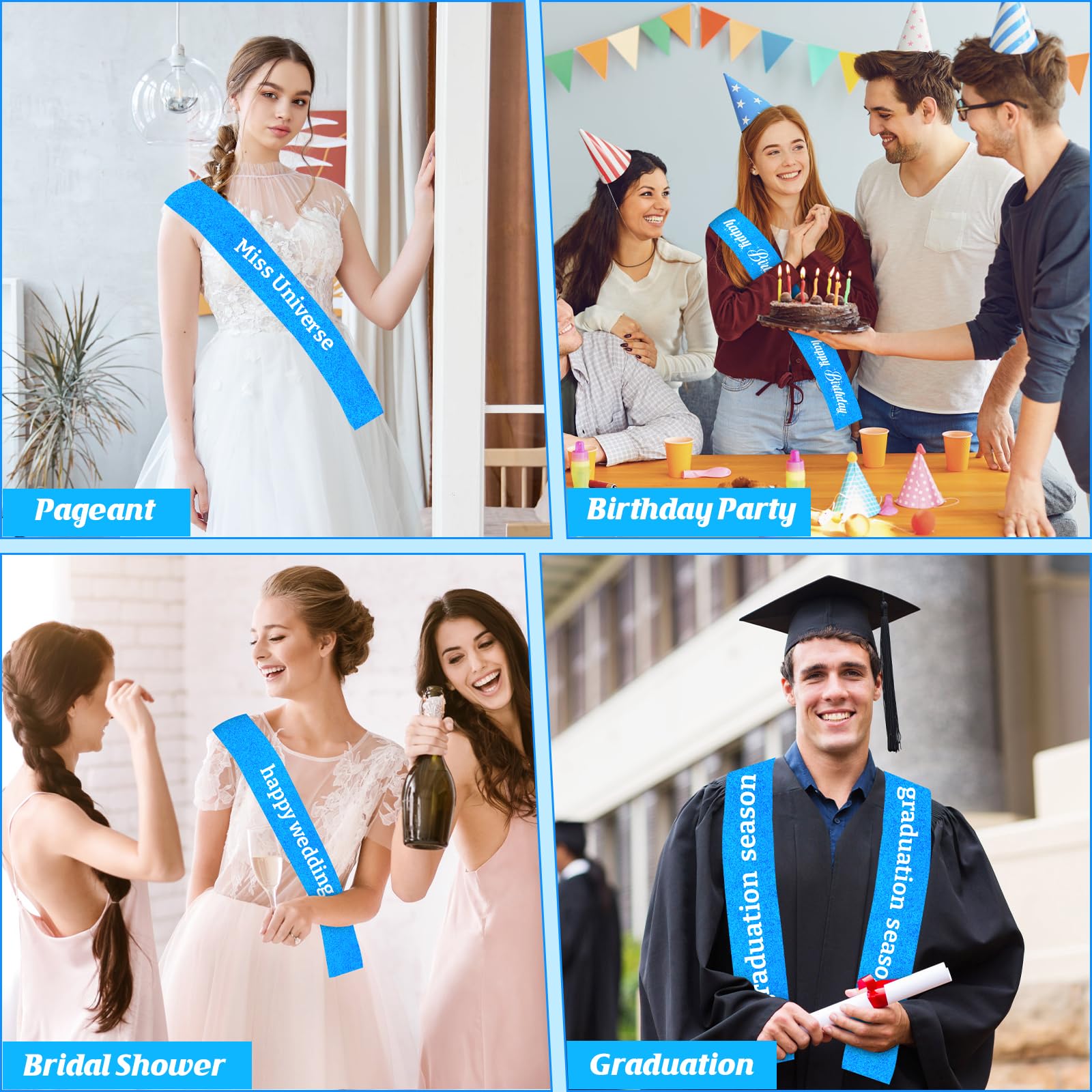 Snapklik.com : 8Pcs Sash Satin Sash Glitter Blue Blank Sash Blank ...