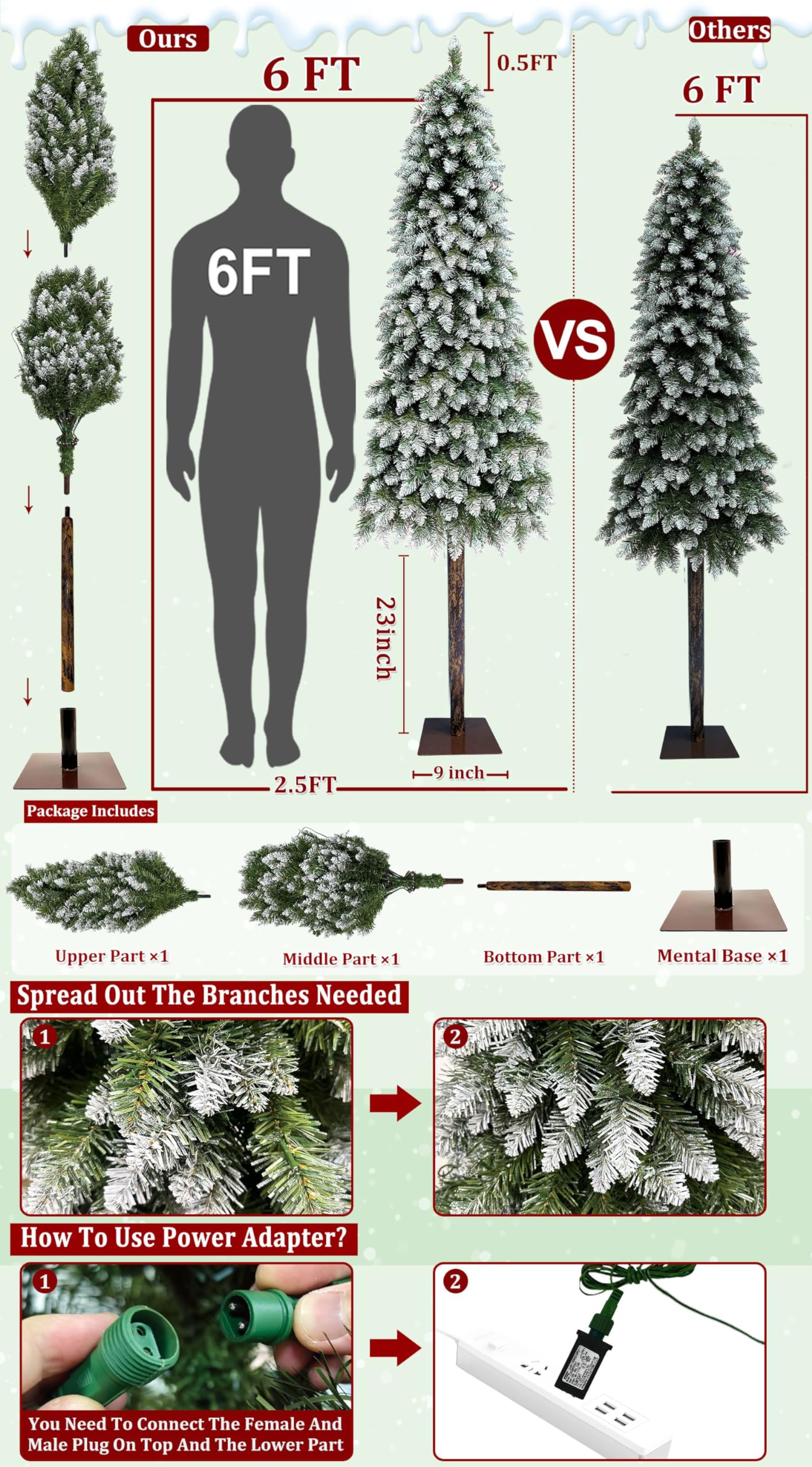 6 Ft Prelit Alpine Artificial Christmas Tree Snowy Pencil Tree with 200 ...