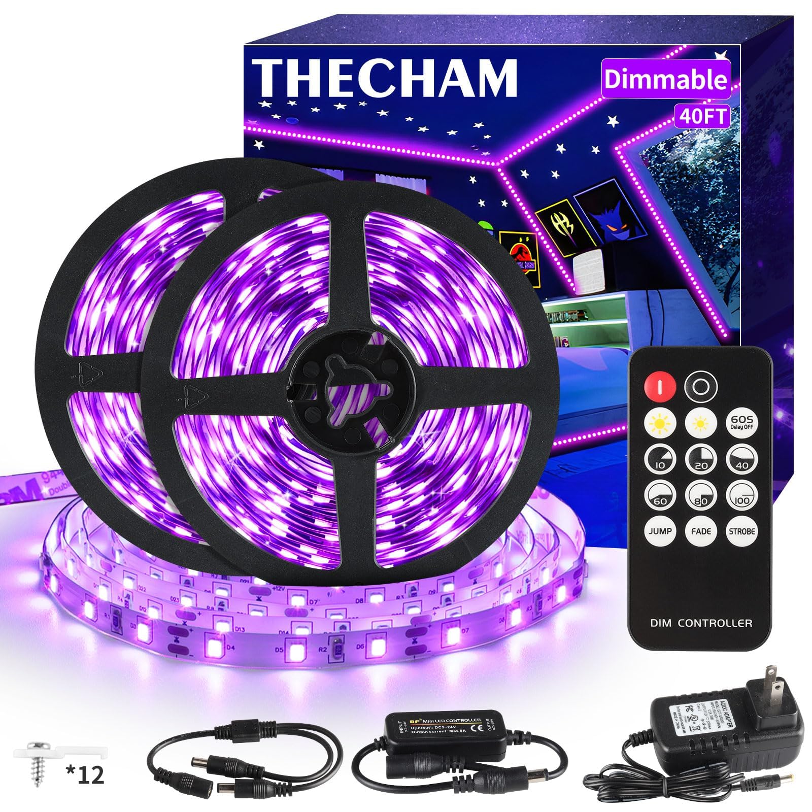 Amazon.com: THECHAM 40ft Black Light Strip with Remote, 720 LED Lamp ...