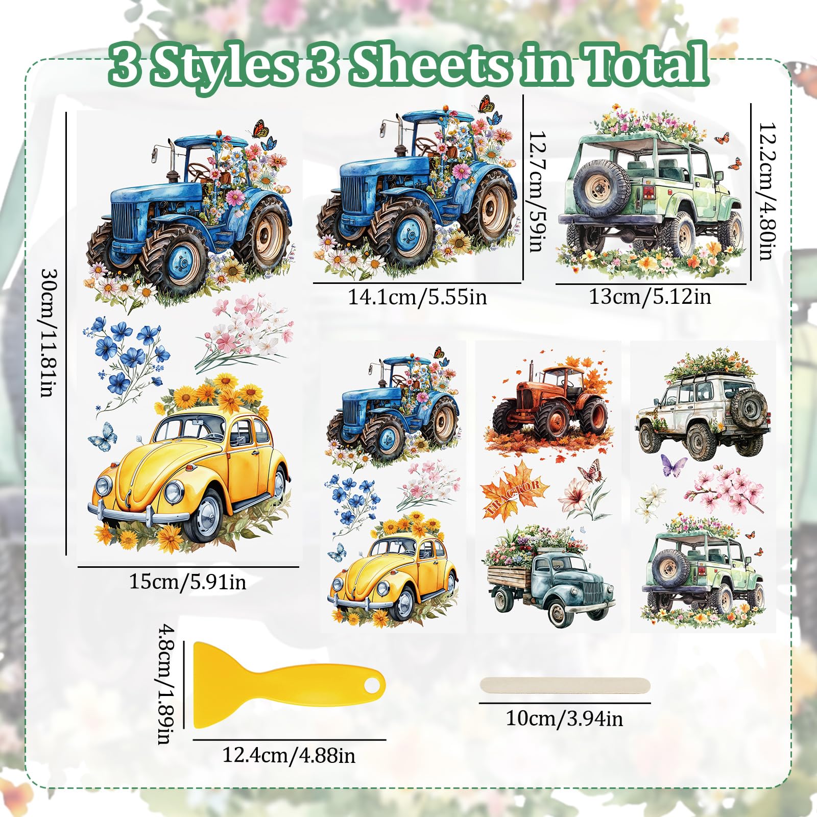 Snapklik.com : 3PCS Rub On Transfer Stickers, Classic Truck Flowers ...