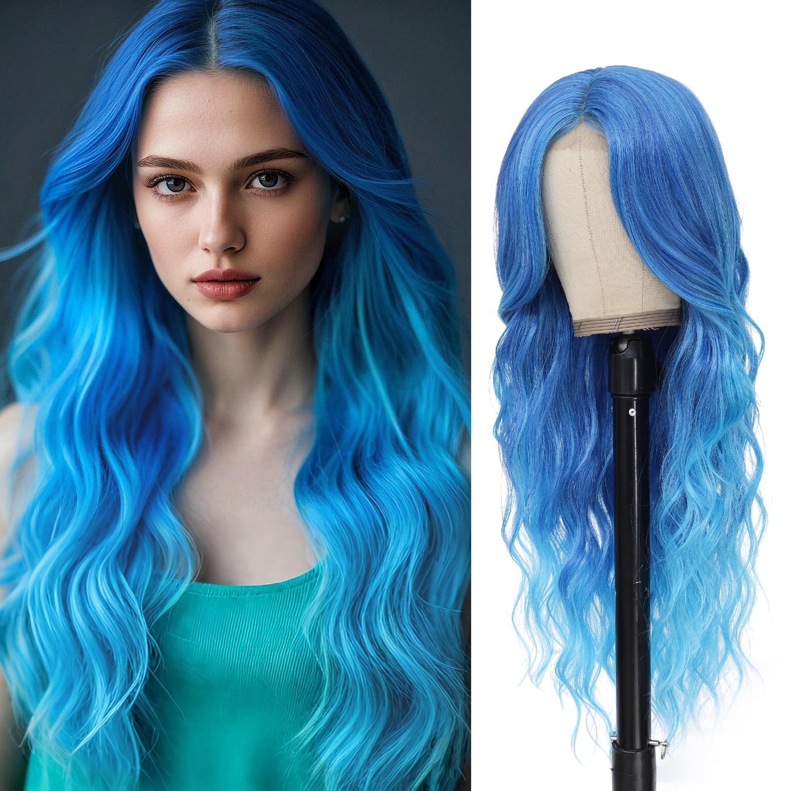 Amazon.com : Angzon Long Blue Wavy Wig Middle Part for Women 26 Inch ...