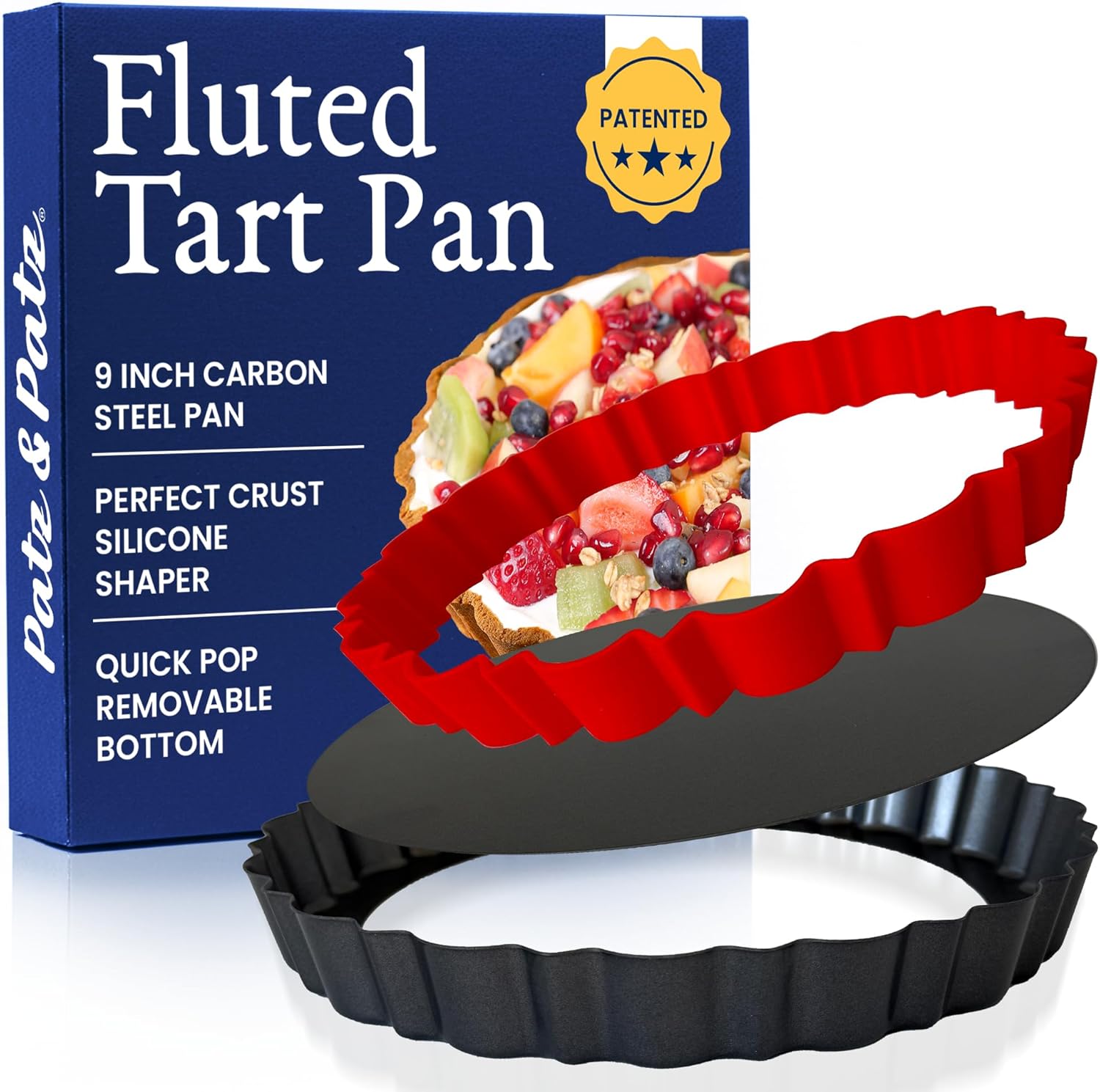 Patz&Patz Fluted Tart Pan 9 Inch Removable Bottom with Patented ...