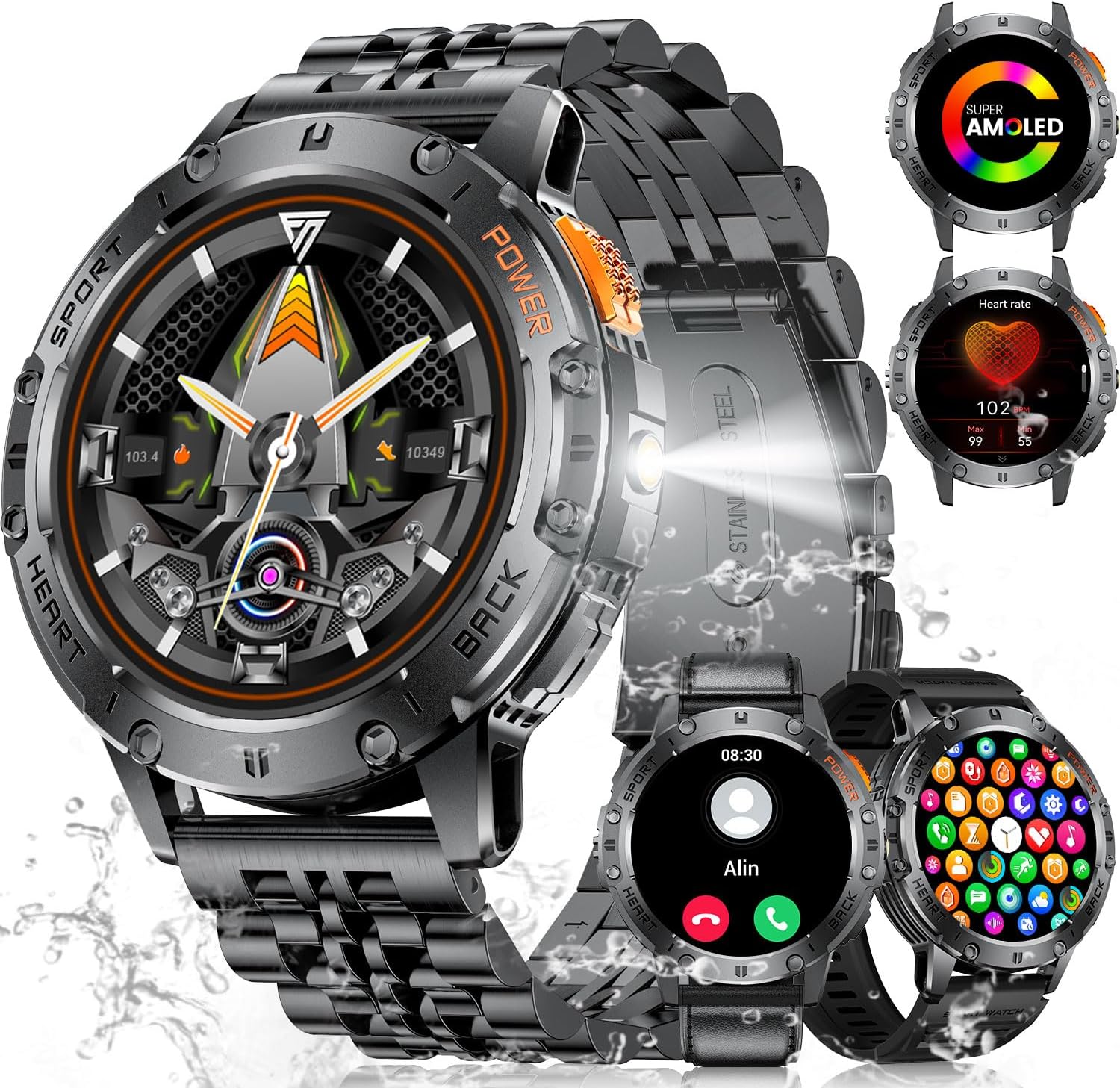 Marsyu Smartwatch Herren Militär mit Telefonfunktion mit LED ...