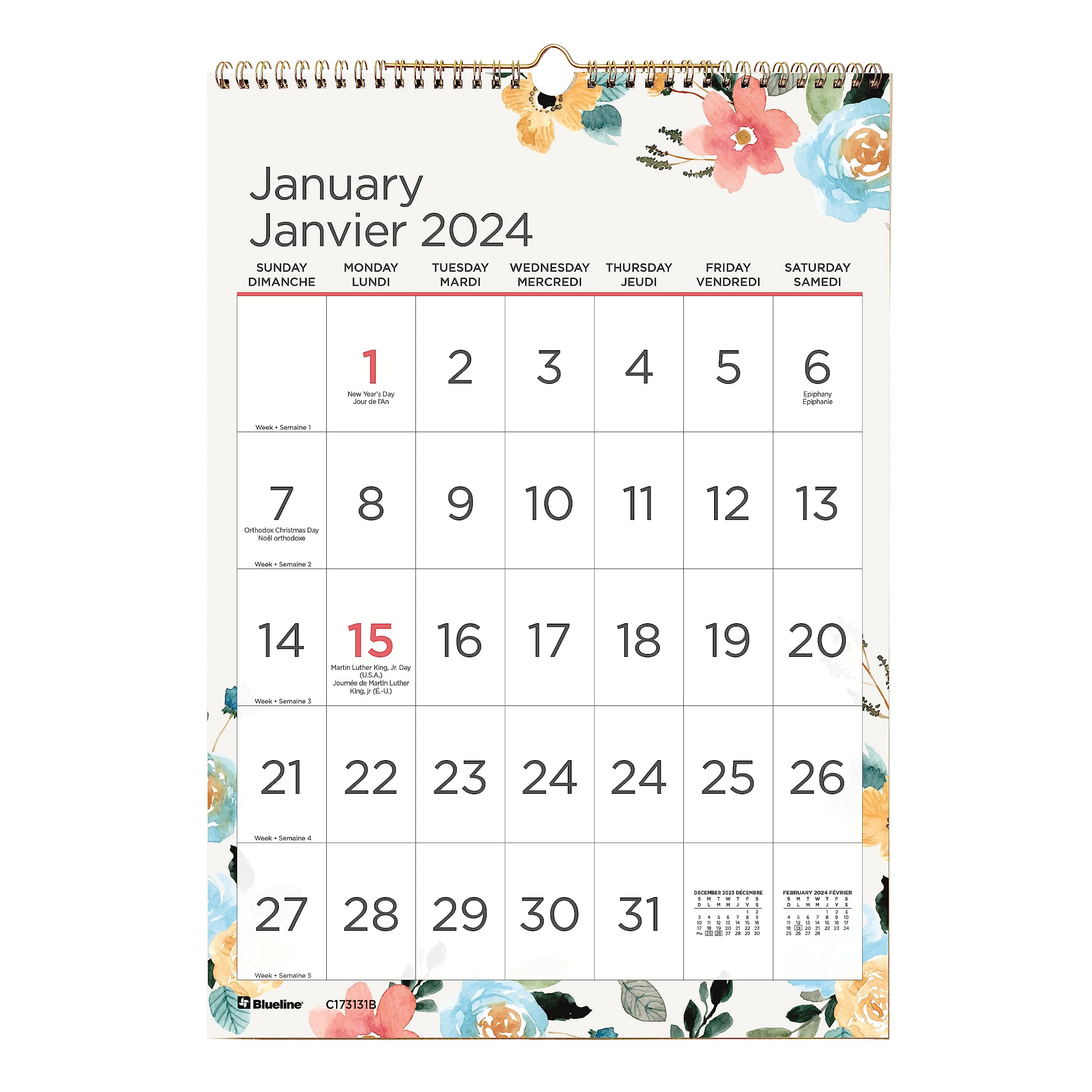 Monthly Wall Calendar Bilingual Colourful Monthly Wall Calendar, Floral ...