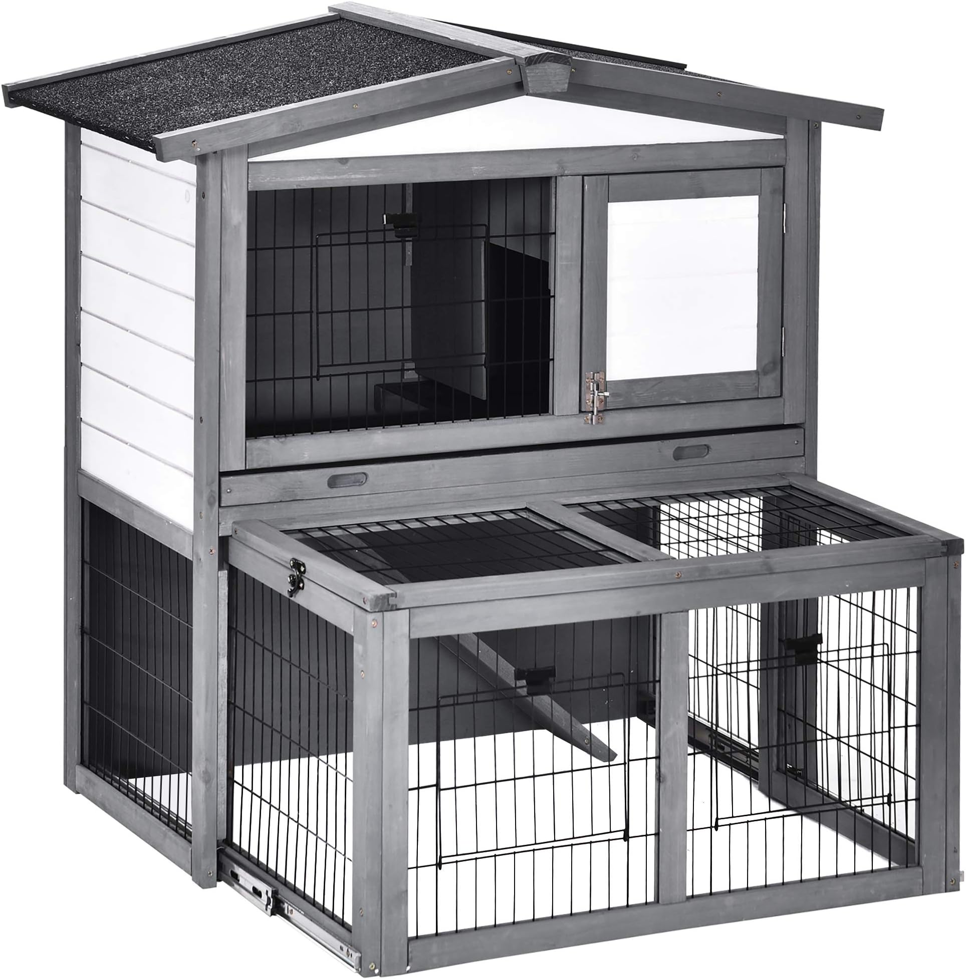 PawHut 2 Tier Wooden Rabbit Hutch Guinea Pig Hutch Small Animal Cage ...