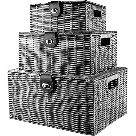 Vencier Set of 3 Resin Woven Wicker Storage Basket Box with Lid & Lock ...
