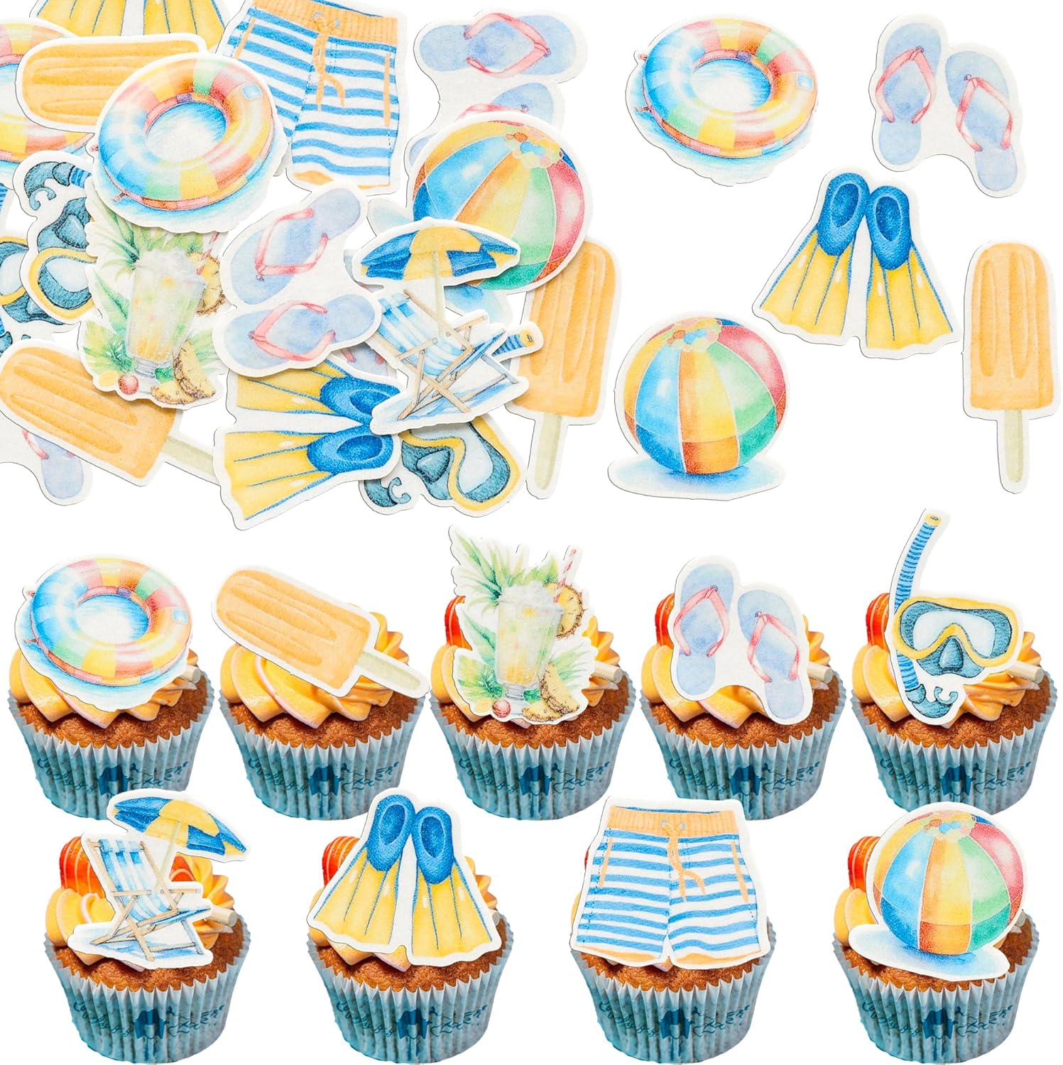 Amazon.com: Gyufise 54Pcs Edible Summer Beach Cupcake Toppers Wafer ...
