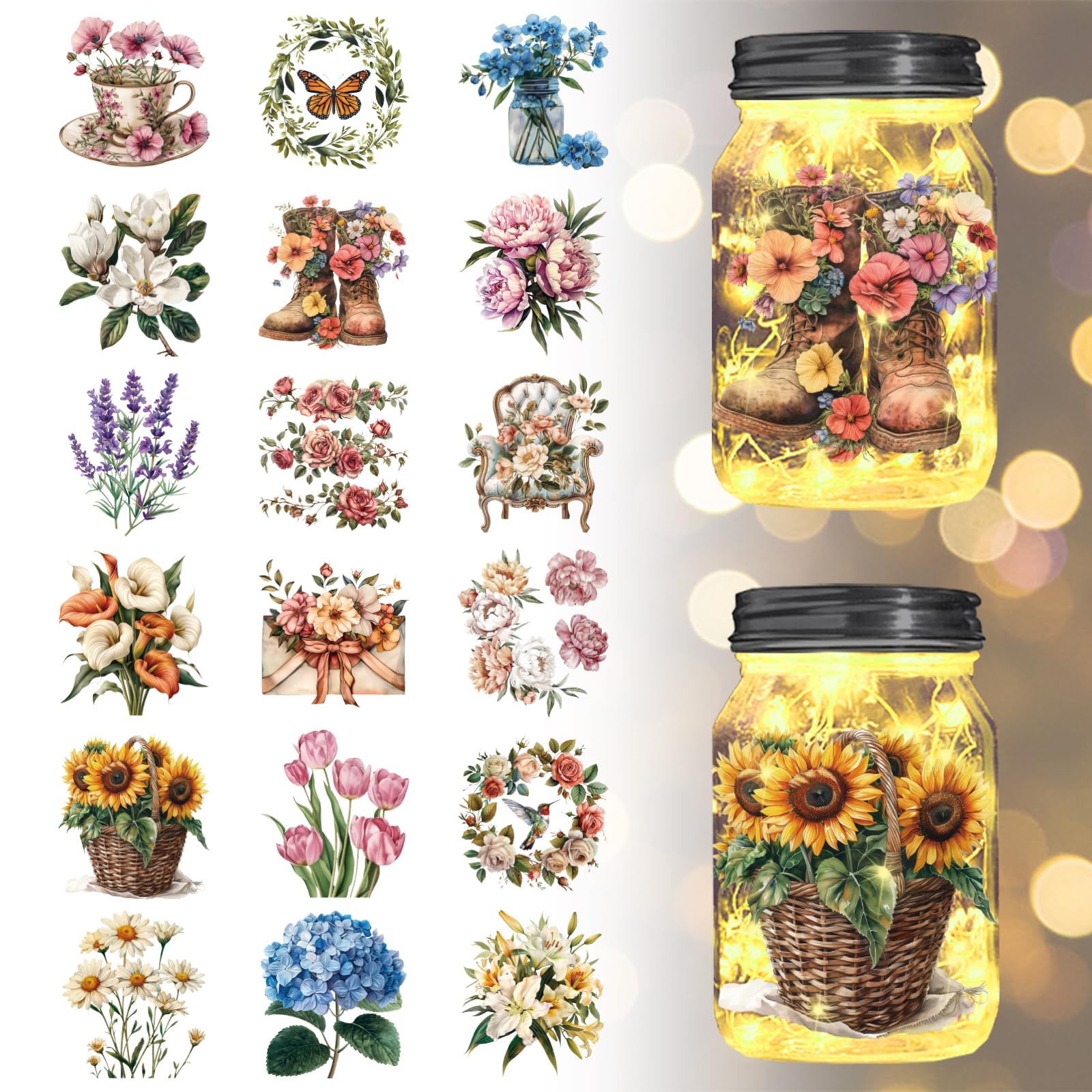 Amazon.com: GLOBLELAND 18Pcs Flowers Transfer Stickers 3.9x3.6inch ...