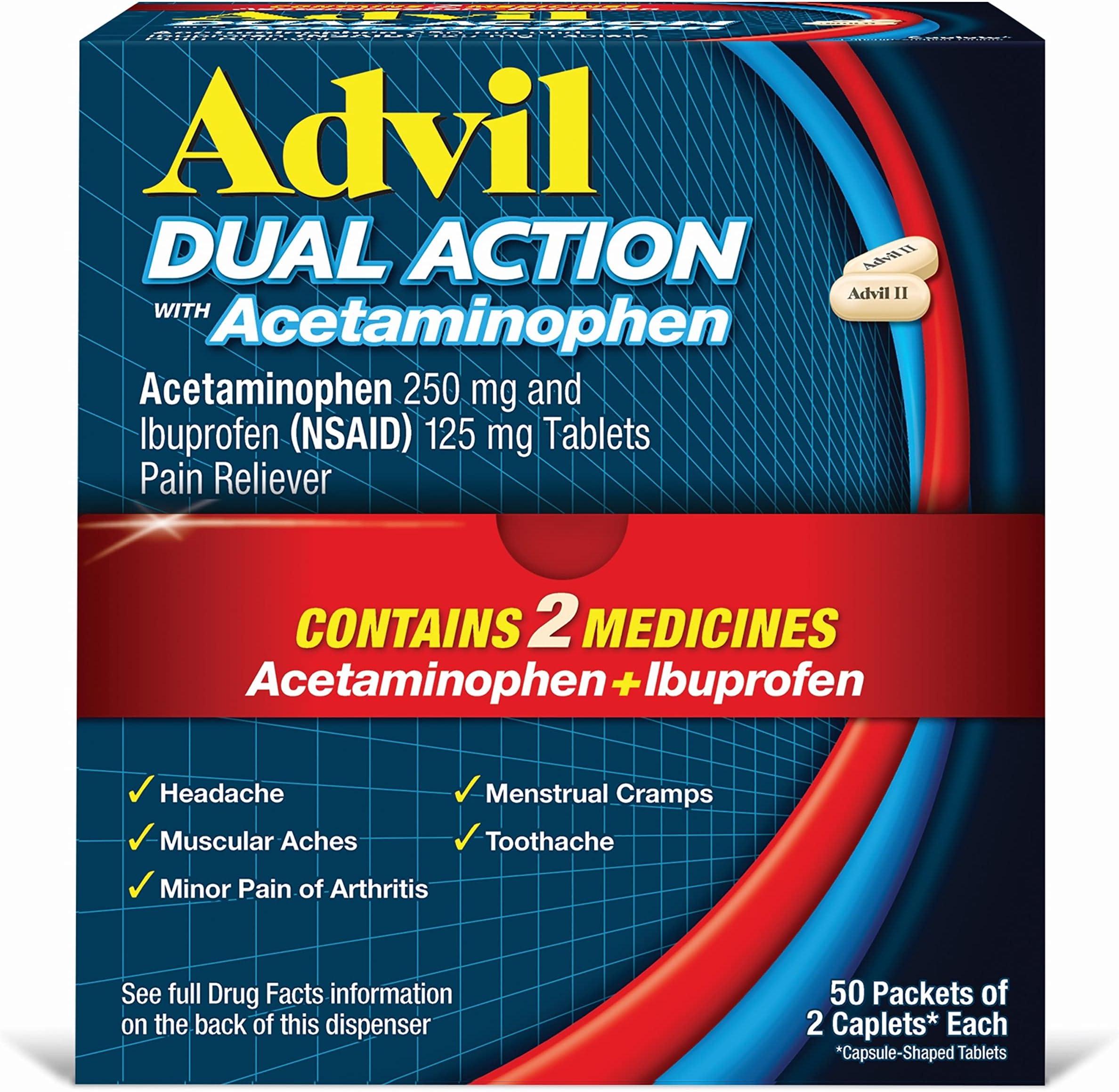 Amazon.com: Advil Dual Action Coated Caplets with Acetaminophen, 250 Mg ...