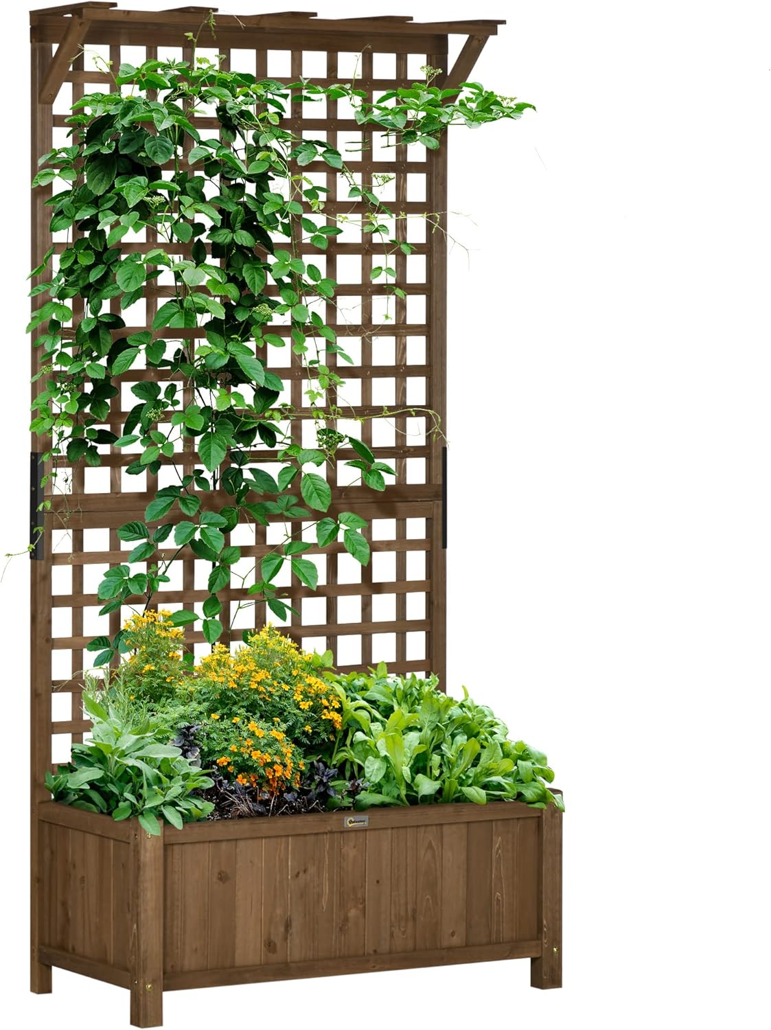 Outsunny Raised Garden Bed, Wood Planter with Trellis for Vine Climbing ...