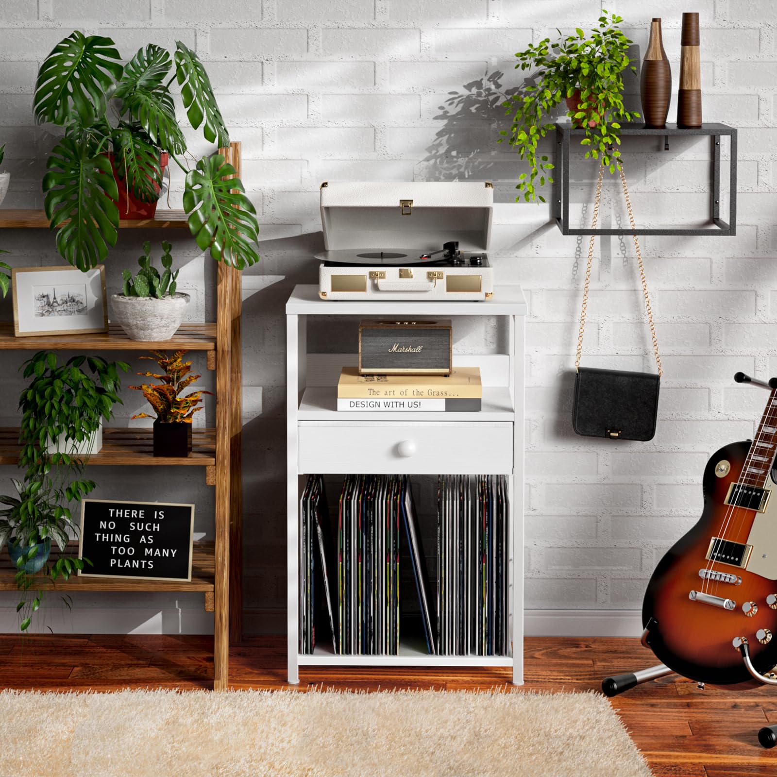 BOLUO White Record Player Stand with Vinyl Storage,Turntable Stand with ...