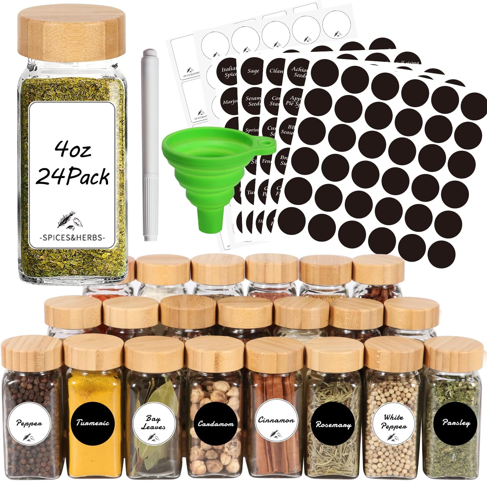 Amazon.com: Glass Spice Jars with Label Set, Bamboo Lids & Funnel - Kitchen Airtight Storage ...