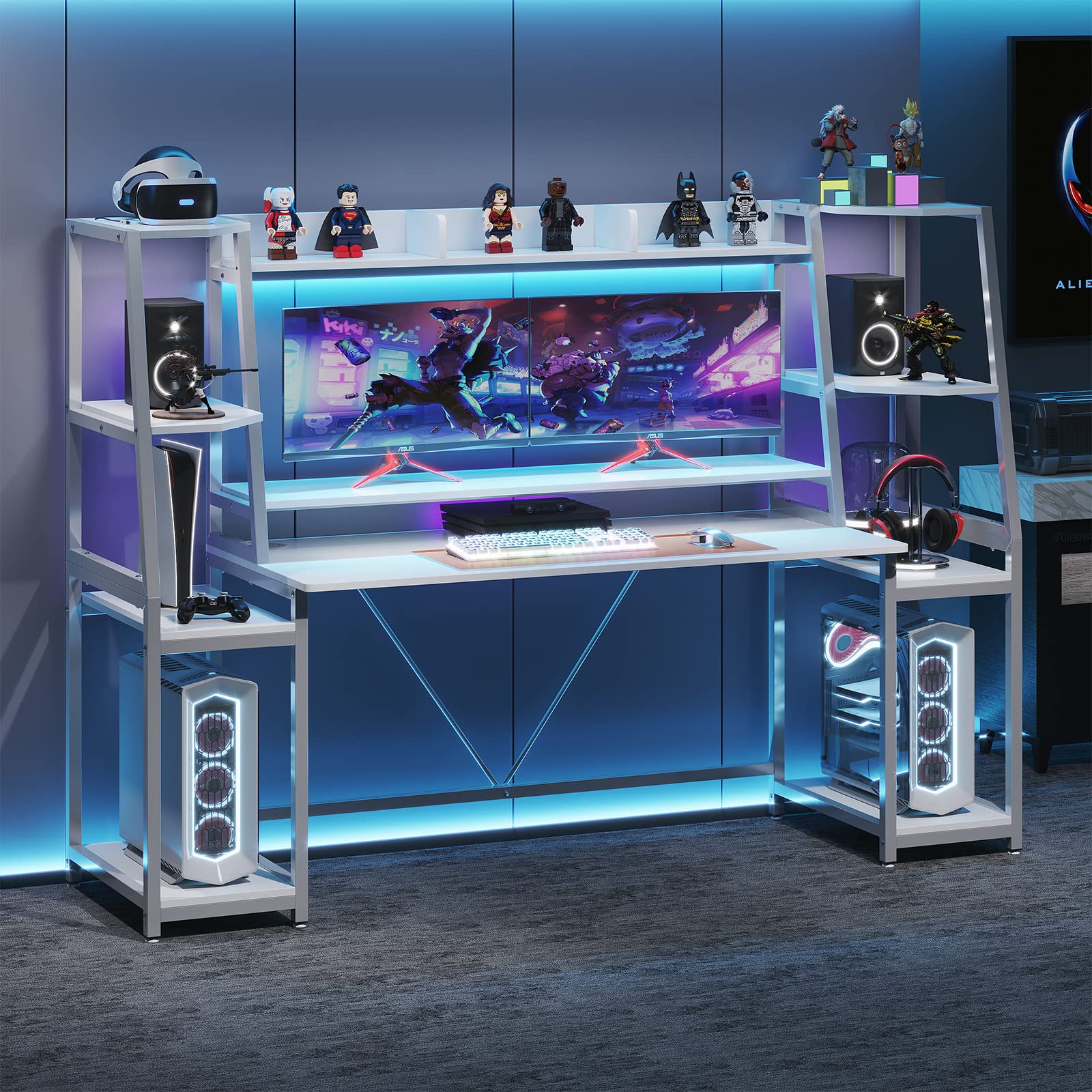 Buy SEDETA White Gaming Desk 78.8'' with LED Lights, Hutch and Storage ...