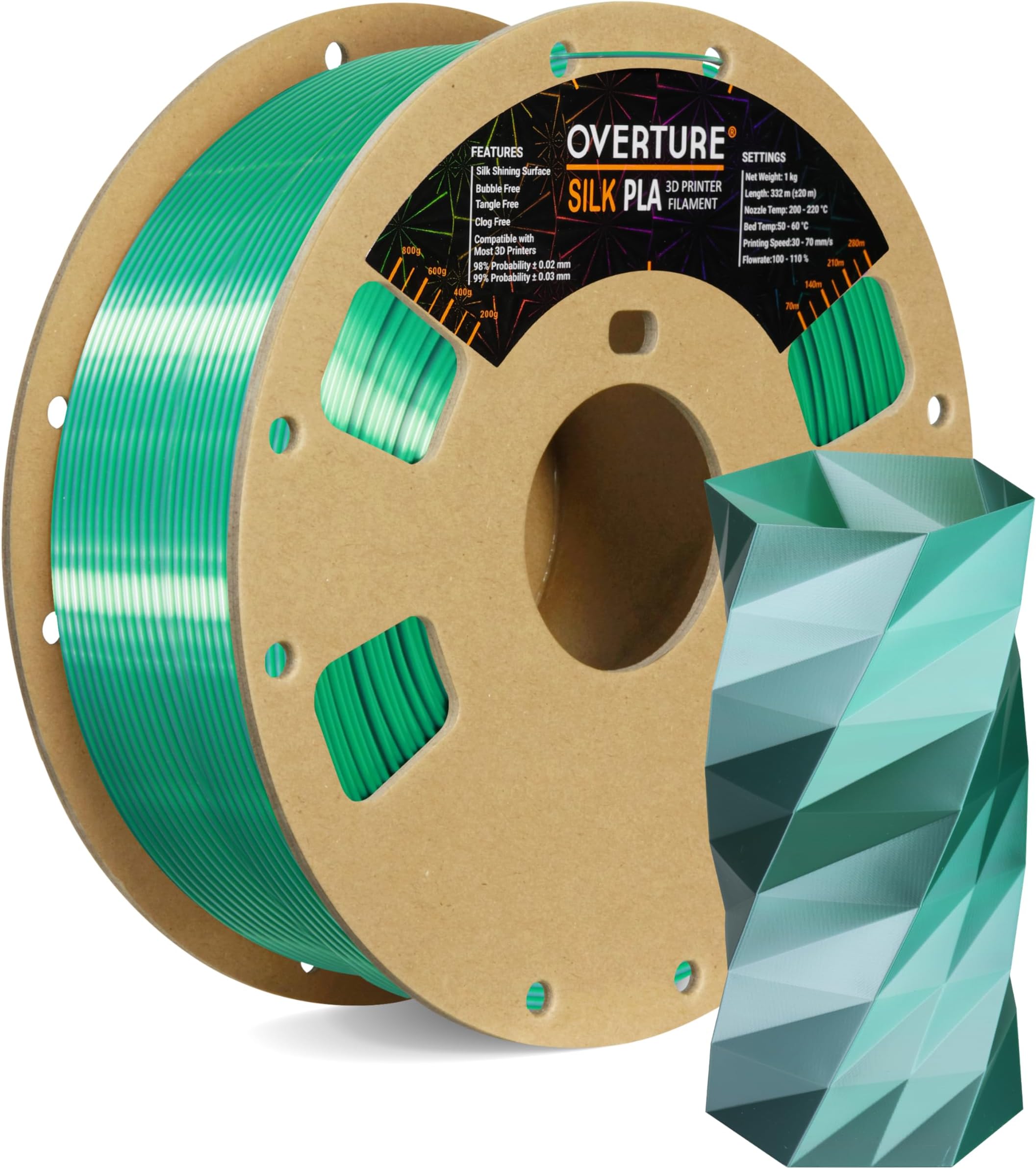 Amazon.com: OVERTURE Silk PLA 1.75mm Dual Color Filament, Clog-Free ...