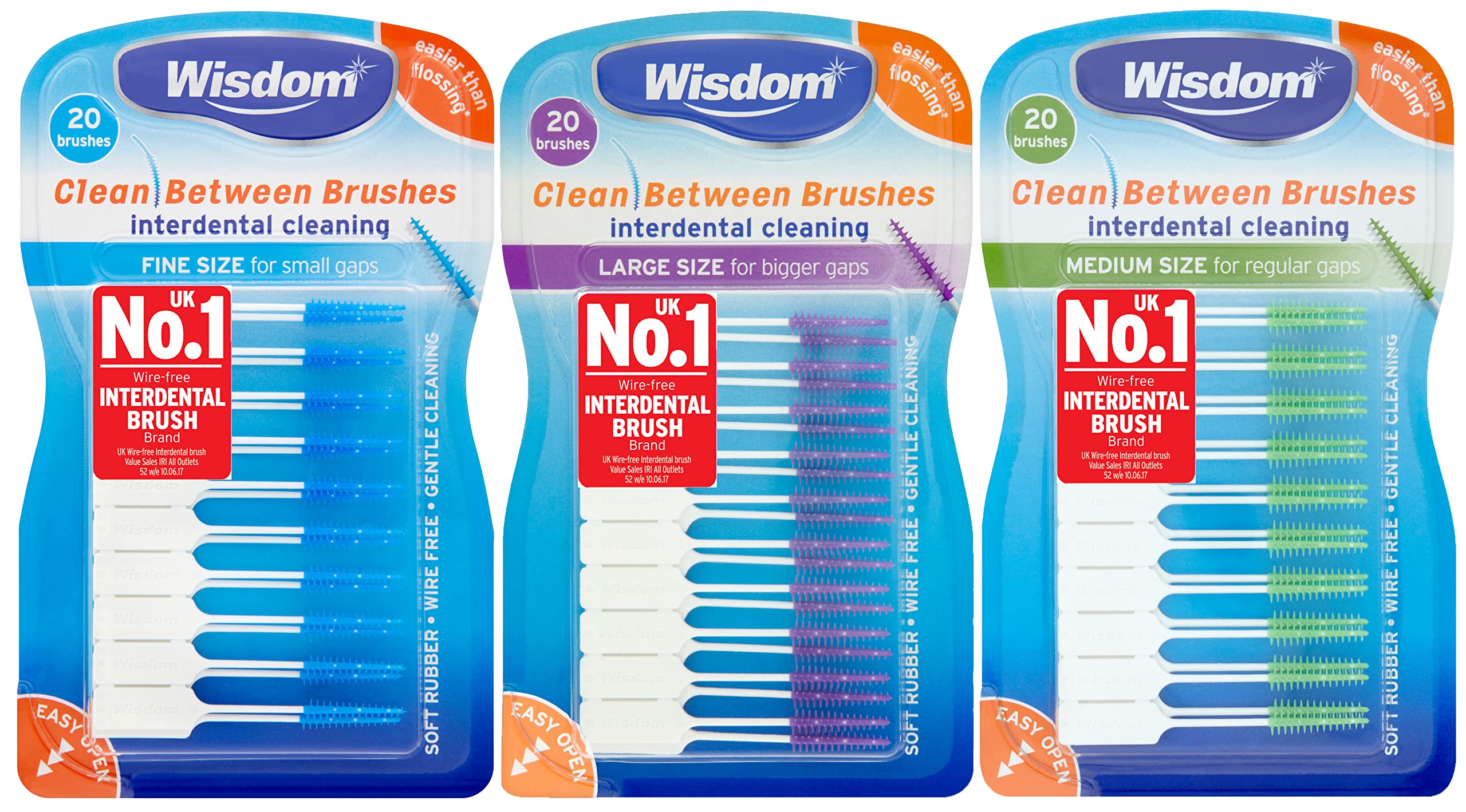 3x Wisdom Clean Between Interdental Brushes - Pack of 20 – Fine, Medium ...