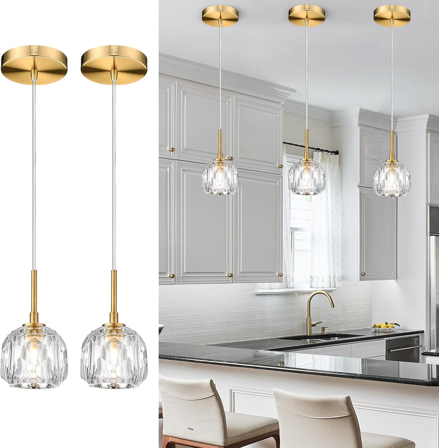 AUTELO 2 Pack Gold Pendant Lights Kitchen Island - Crystal Vintage ...