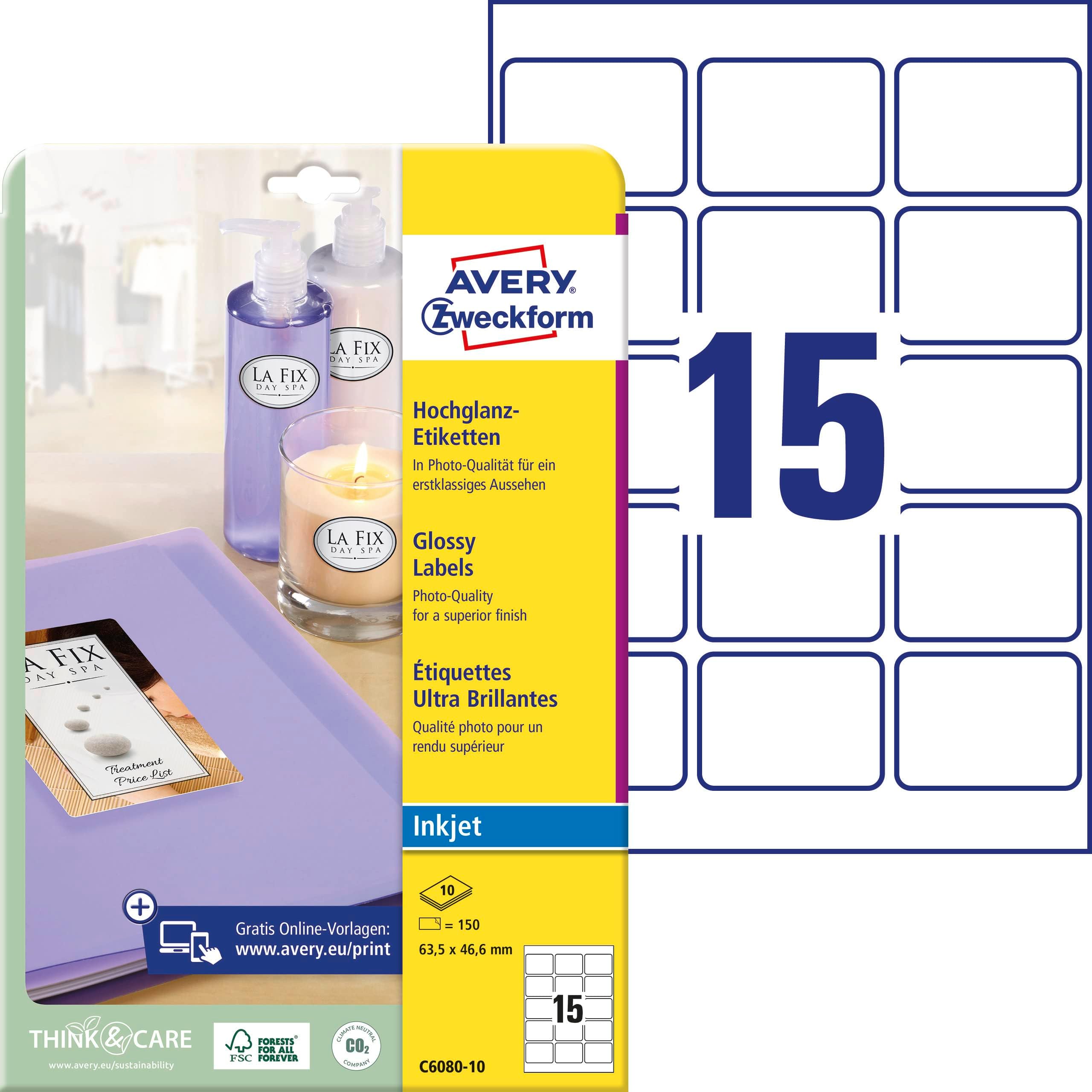 AVERY Zweckform C6080-10 Hochglanz-Etiketten (150 Glossy Aufkleber, 63 ...