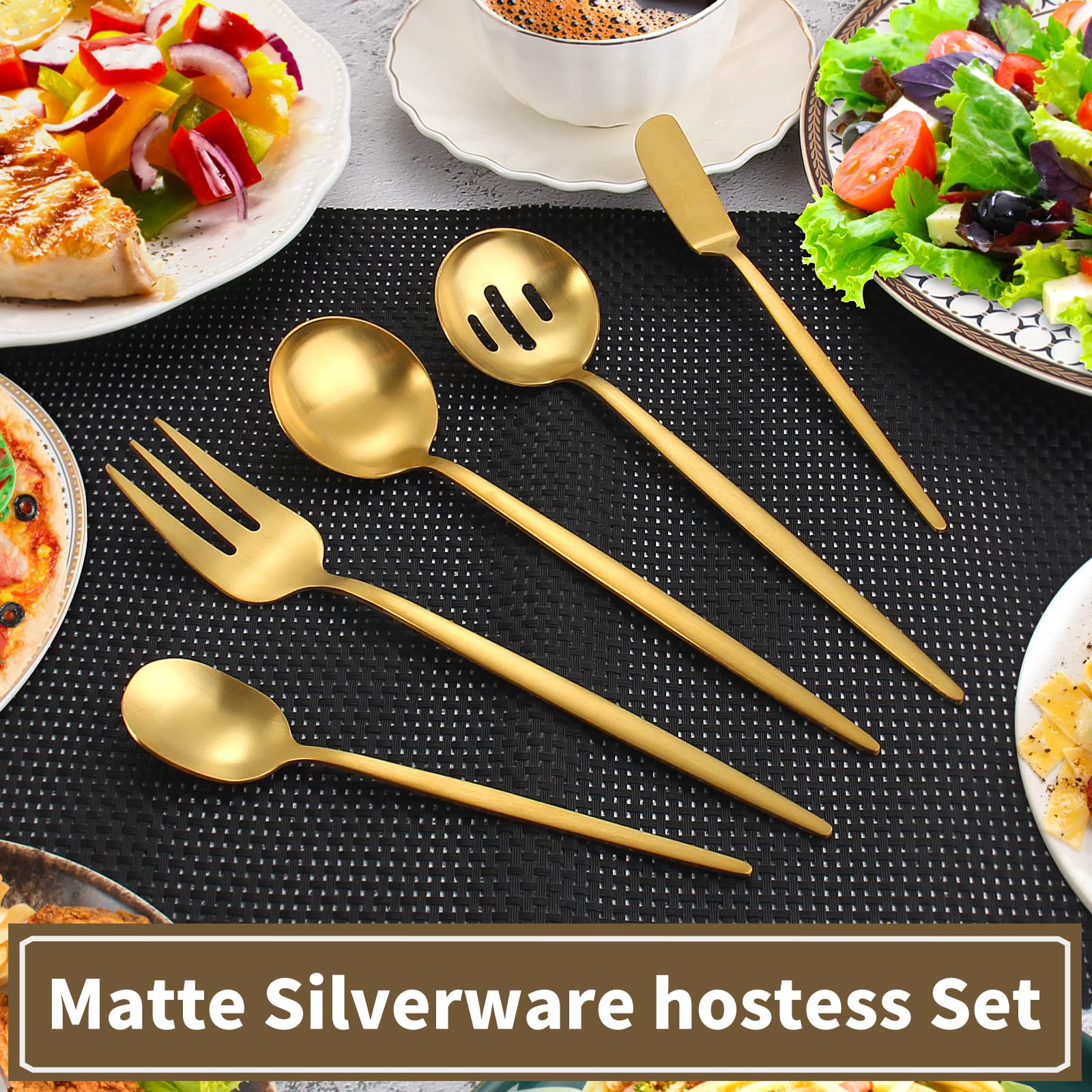 Snapklik.com : Matte Gold Serving Silverware Set, 5-Piece Round Shared ...