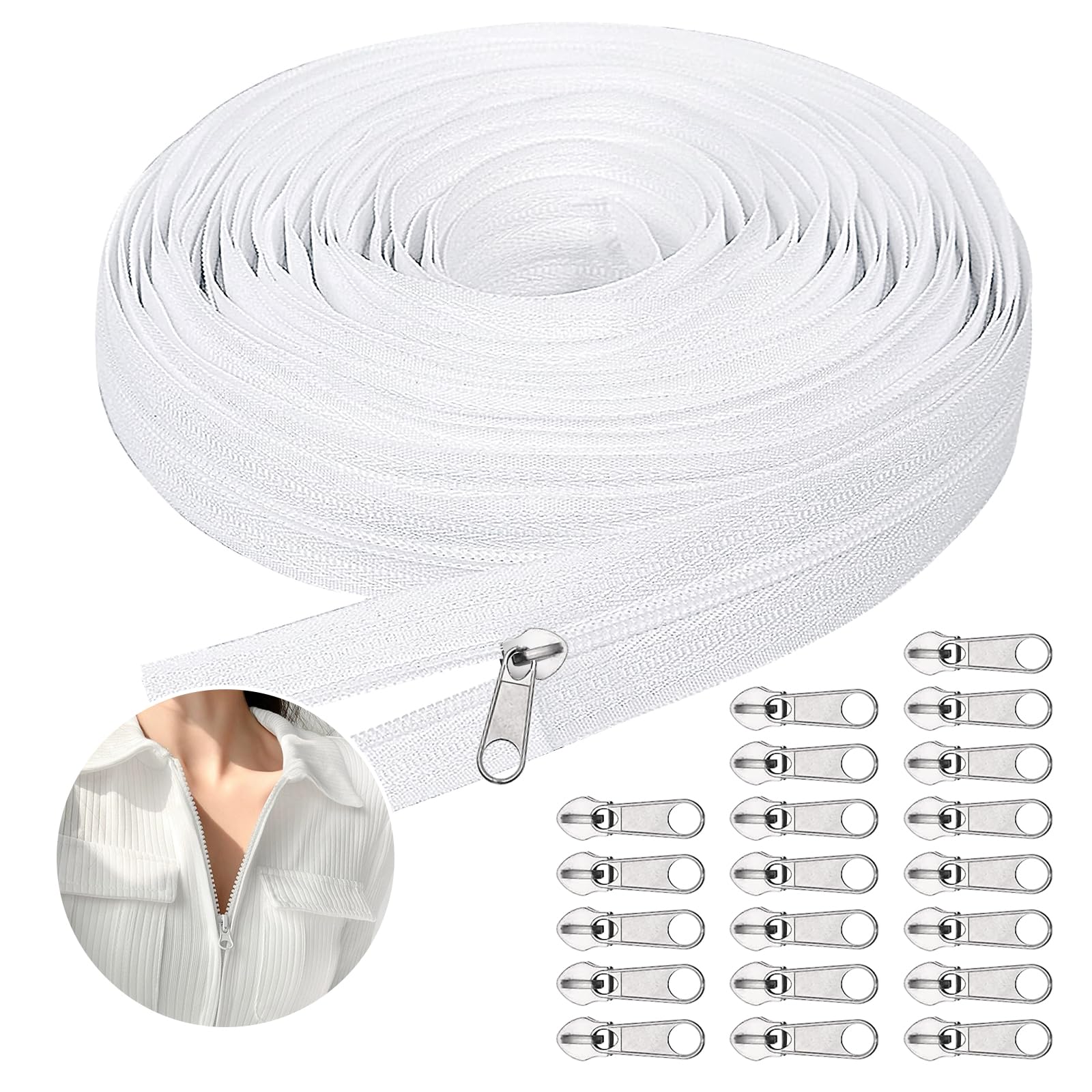 Endless Zip with Zip, 10 m Long White Nylon Coil Zippers with 20Pcs ...