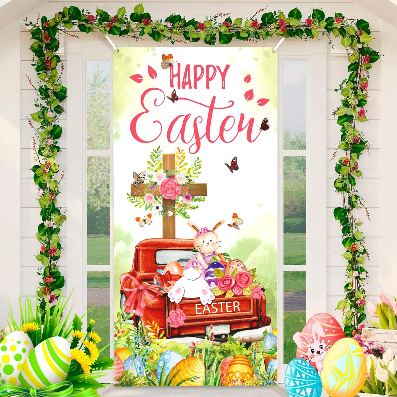 Amazon.com: Happy Easter Door Cover Easter Bunny Door Banner ...