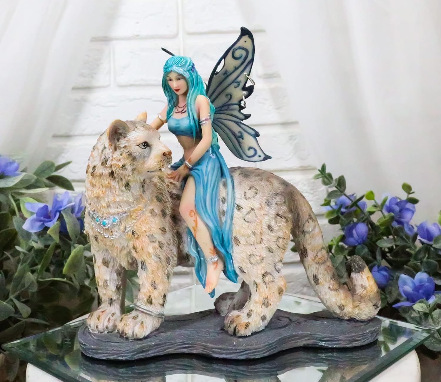 Amazon.com: Ebros Large Blue Frost Fairy Riding Snow Leopard Statue ...