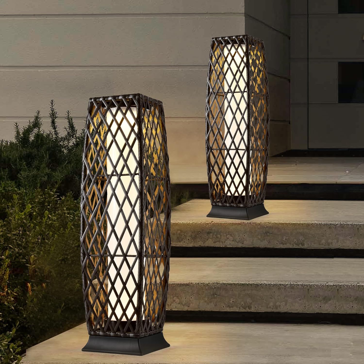 LEDIARY Solar Powered Outdoor Floor Lamp, 2 Piece Resin Wicker Outdoor Lamps, 40 LM Lantern ...
