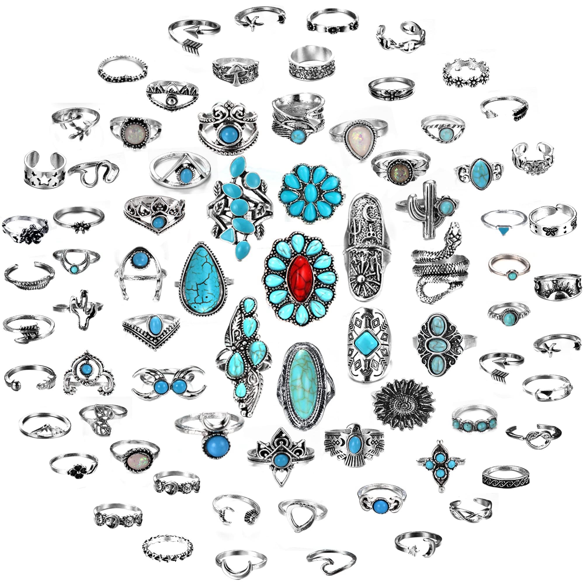 PATISORNA 76 Pcs Western Turquoise Rings Set for Women Vintage Knuckle ...