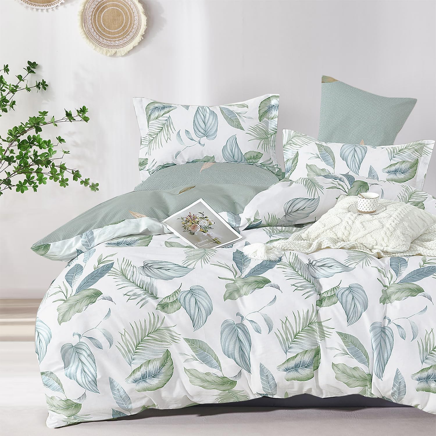 Amazon.com: LEMIROE Botanical Cotton Comforter King Size - Sage Green ...