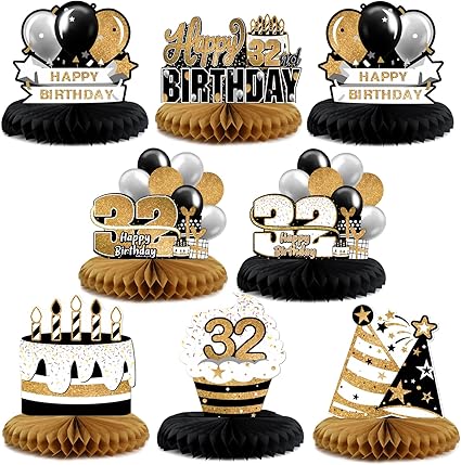 Amazon.com: LINGTEER Happy 32nd Birthday Black & Gold Paper Table ...