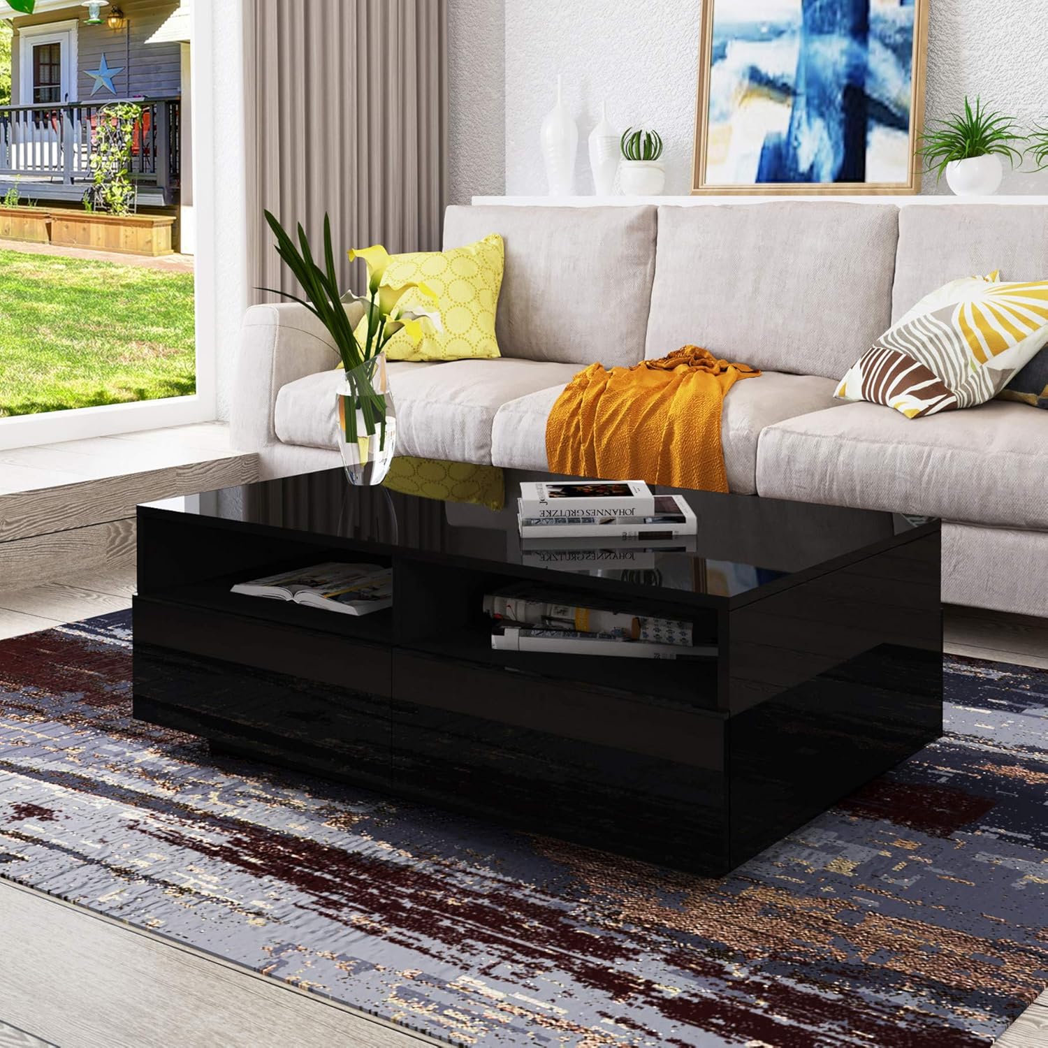 Black Coffee Tables with Storage, Wooden Centre Table High Gloss with 4 ...