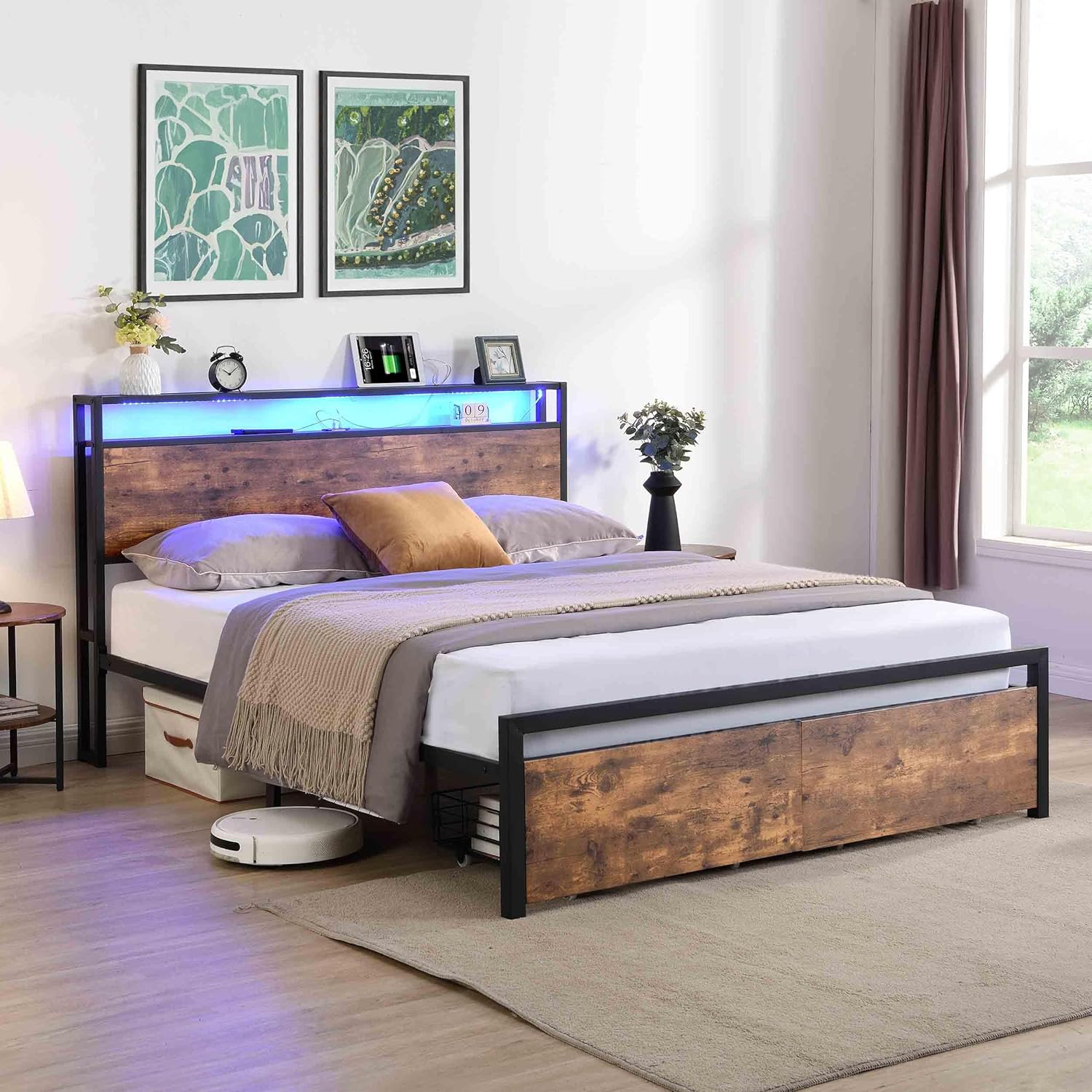 Amazon.com: Full Bed Frame with Storage Headboard and 2 Drawers, Rustic ...