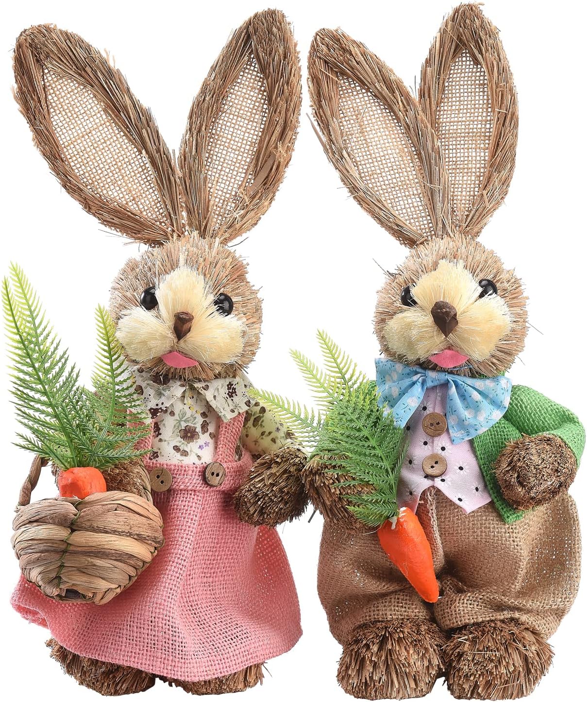 JASREE 2Pcs Standing Easter Bunny Figures, Straw Woven Easter Rabbit ...