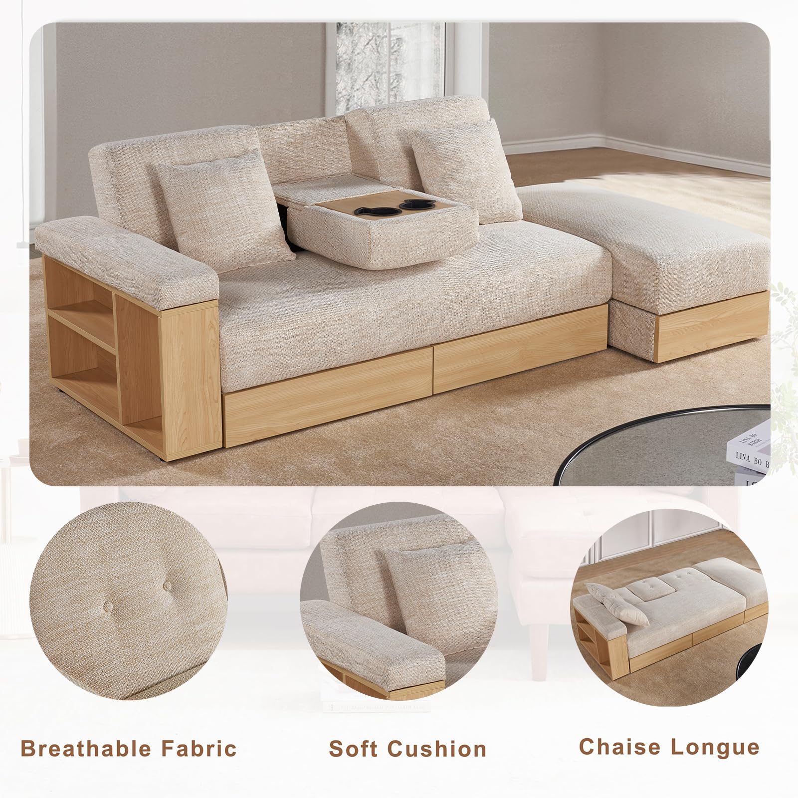 KNAMOTL Multi-Functional Convertible Futon Sofa with Storage Ottoman ...