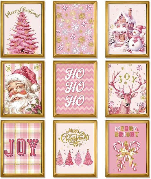 Amazon.com: Watersay 9 Sheet Pink Christmas Wall Art Prints Winter ...