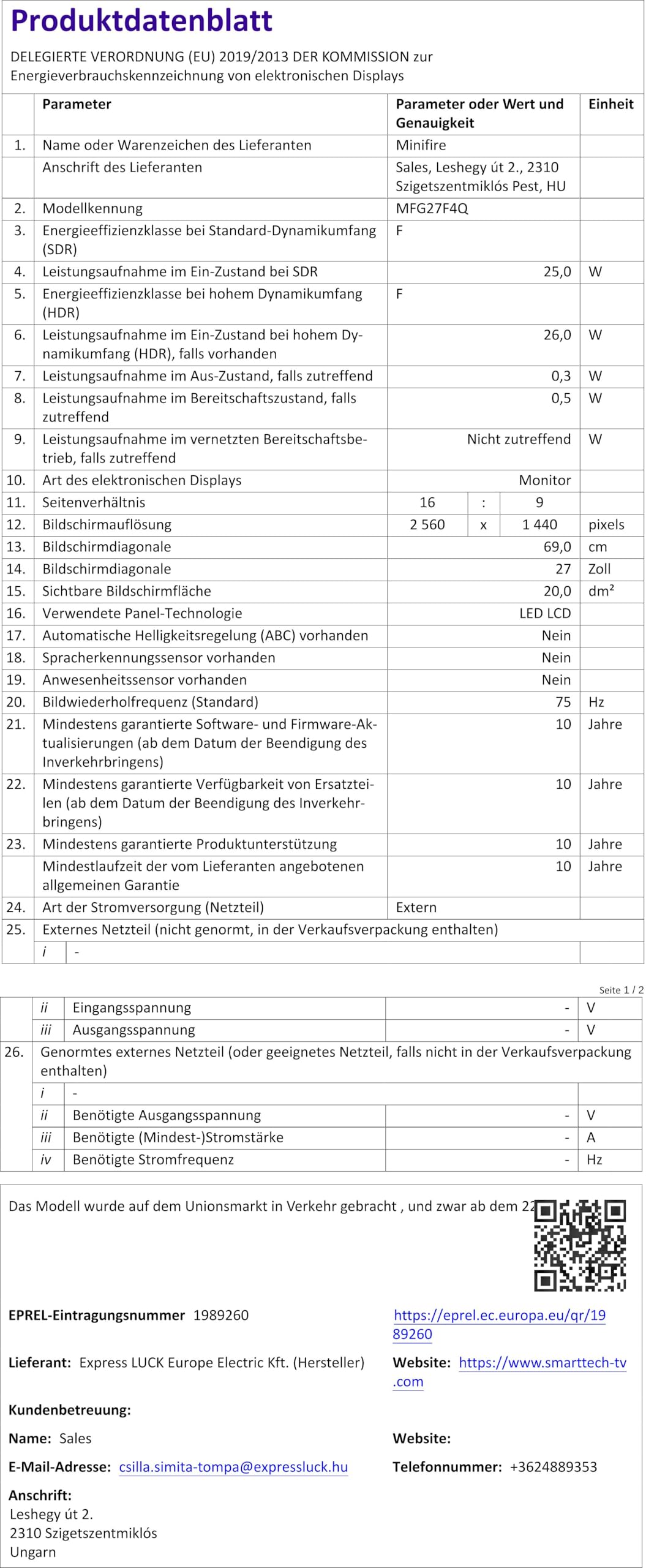 Minifire Gaming Monitor 27 Zoll - WQHD,180 Hz, 1ms | HDR, AMD FreeSync ...