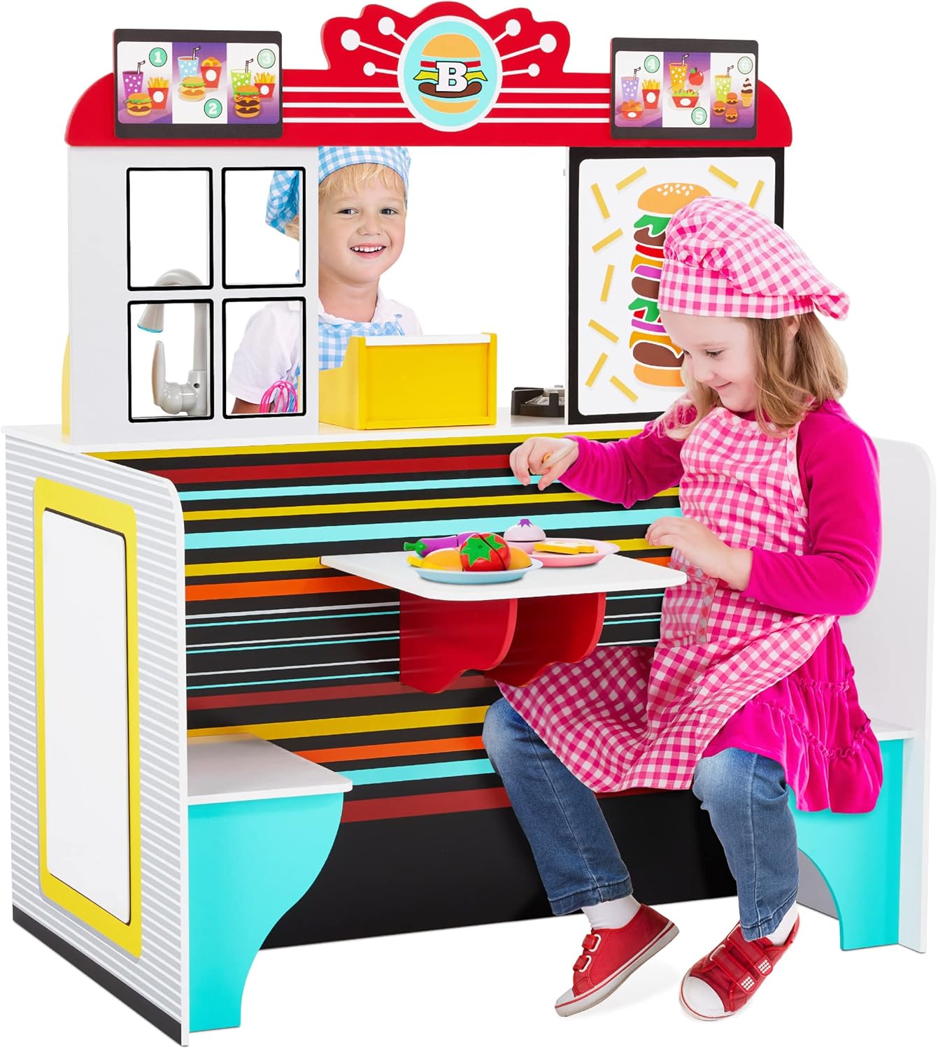 Amazon.com: Lil’ Jumbl Wooden Double-Sided Restaurant & Kitchen Playset ...