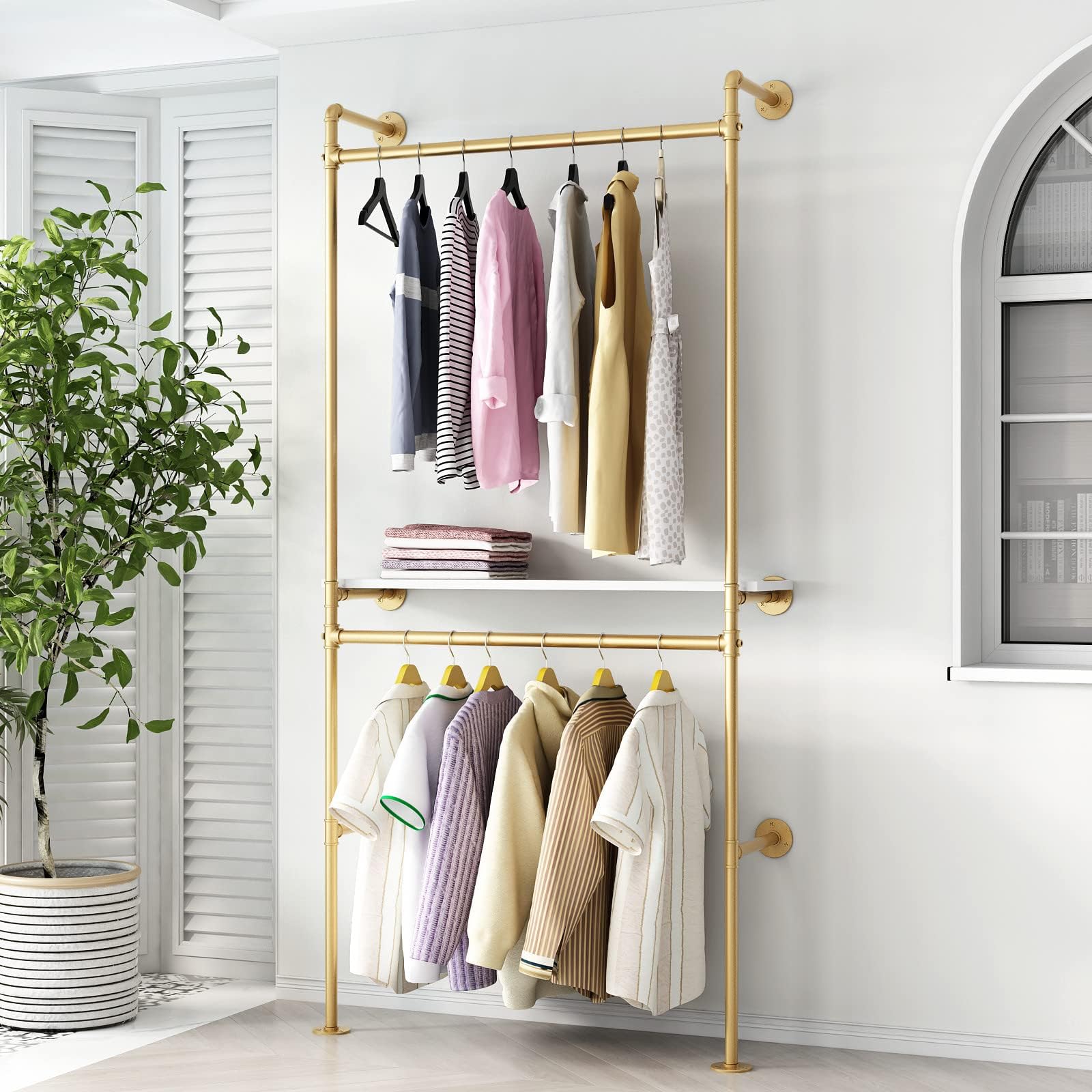 Amazon.com: DR.IRON Gold Pipe Clothing Racks with 2 Tier Shelves, Wall ...