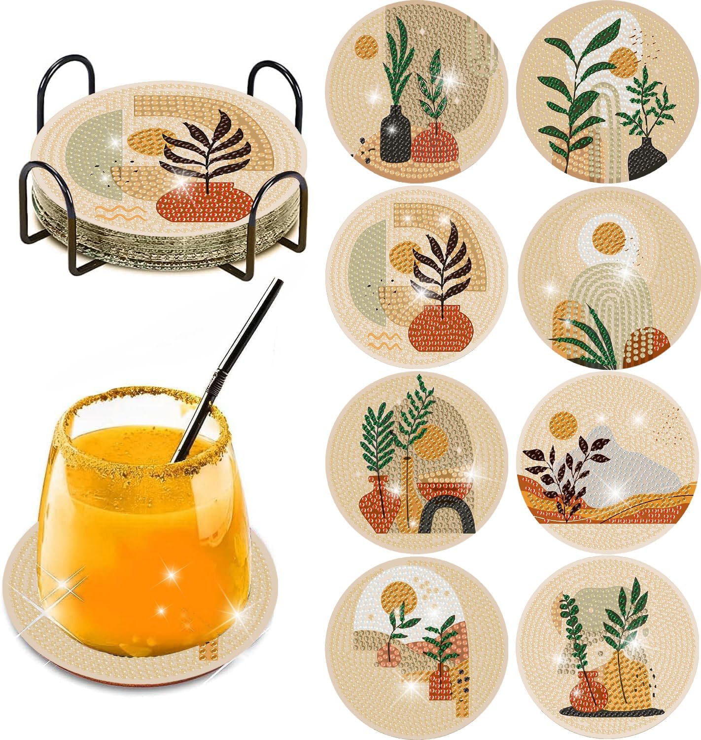 Amazon.com: Shellwei 8 Pcs Boho Diamond Painting Art Coasters with ...