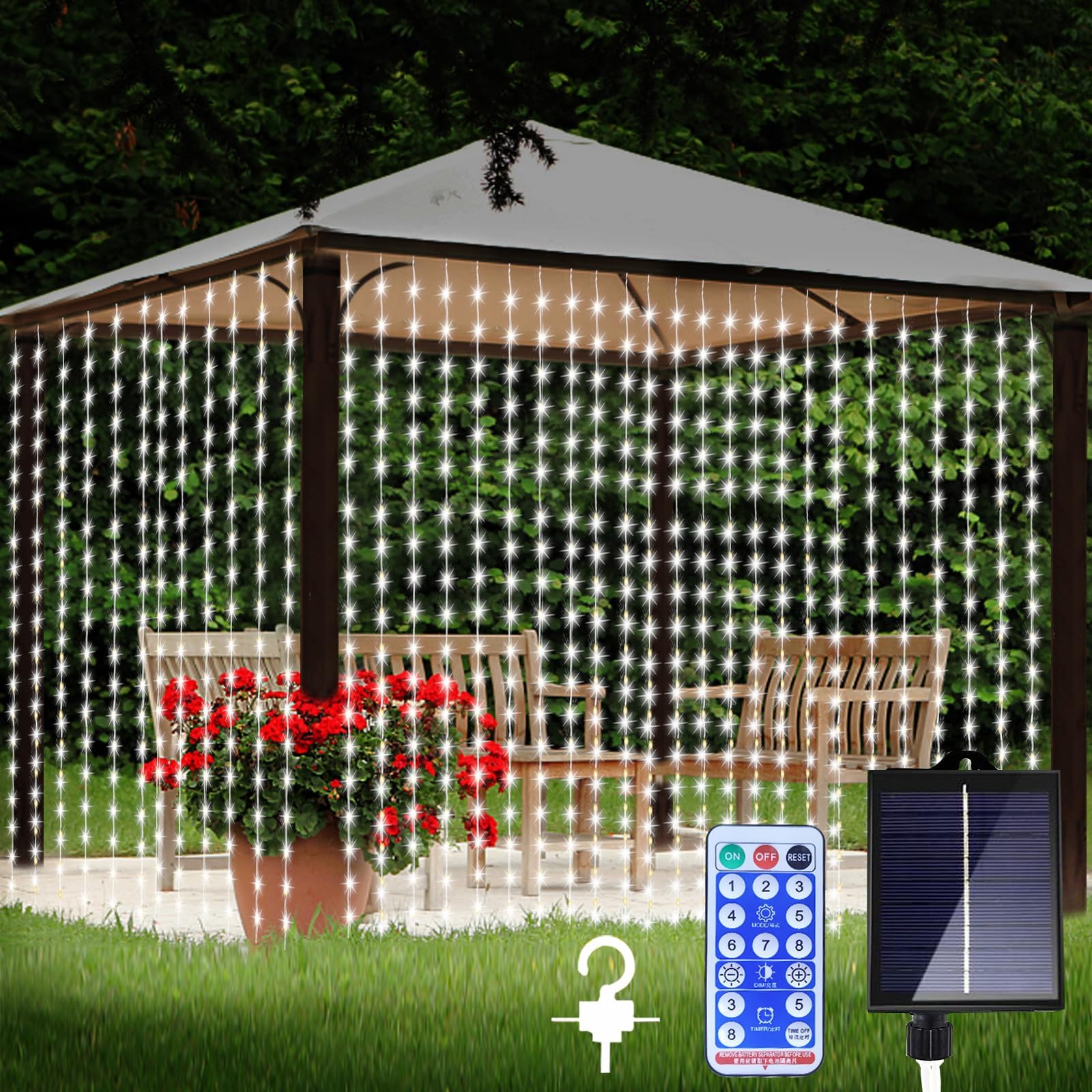 300 LED Solar Curtain Light Outdoor Remote Control 8 Lighting Modes ...