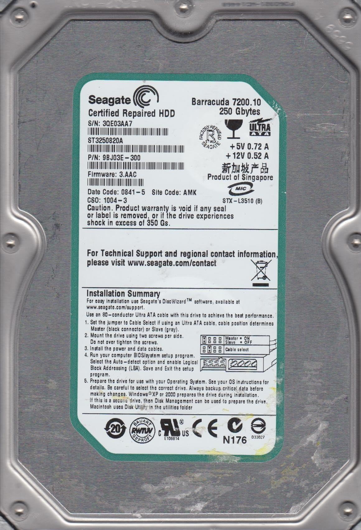 Amazon.com: Seagate ST3250820A Barracuda 250GB 3.5" Internal Hard Drive ...