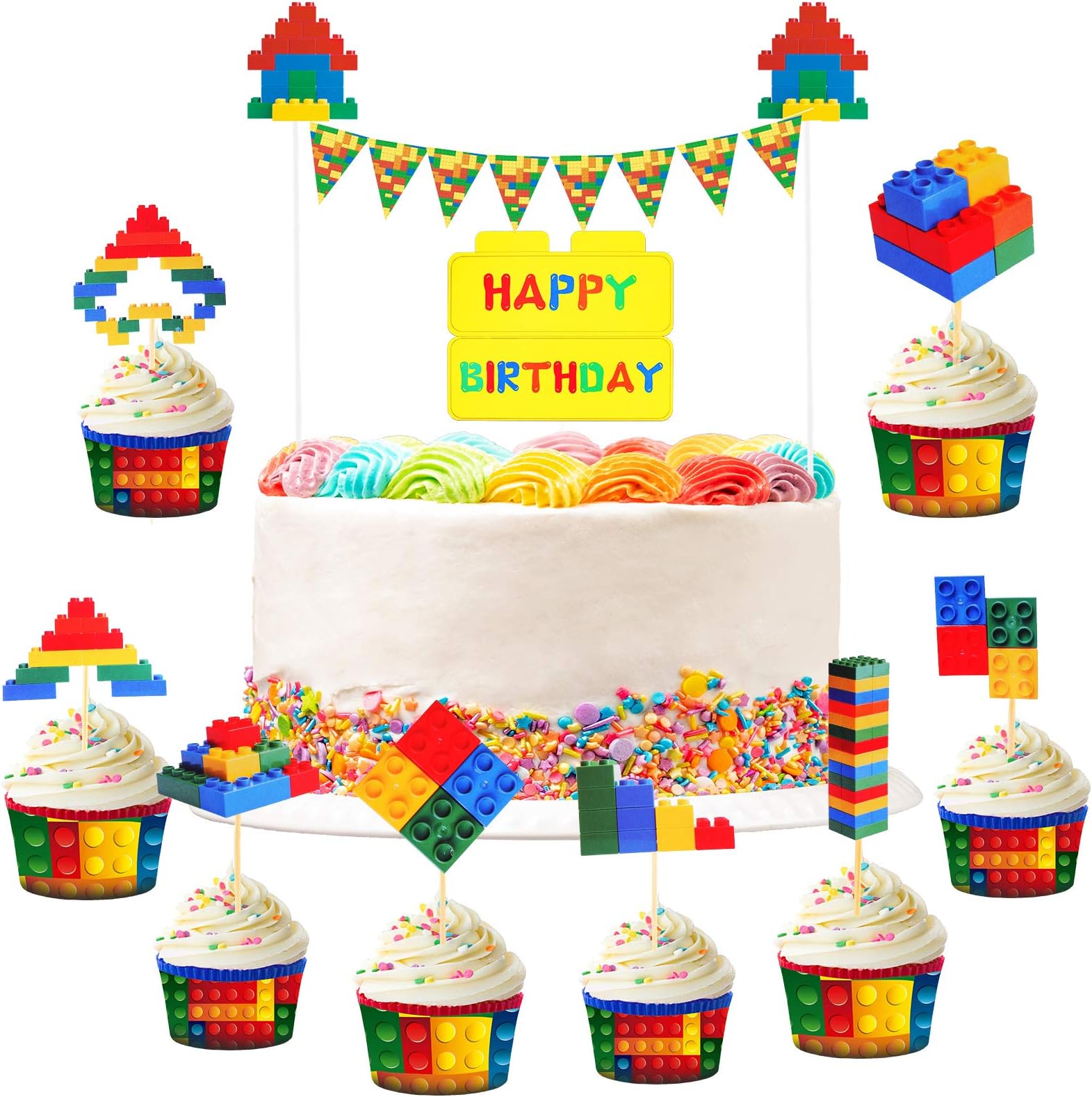 Amazon.com: 34 Pieces Building Block Themed Happy Birthday Cake Toppers ...