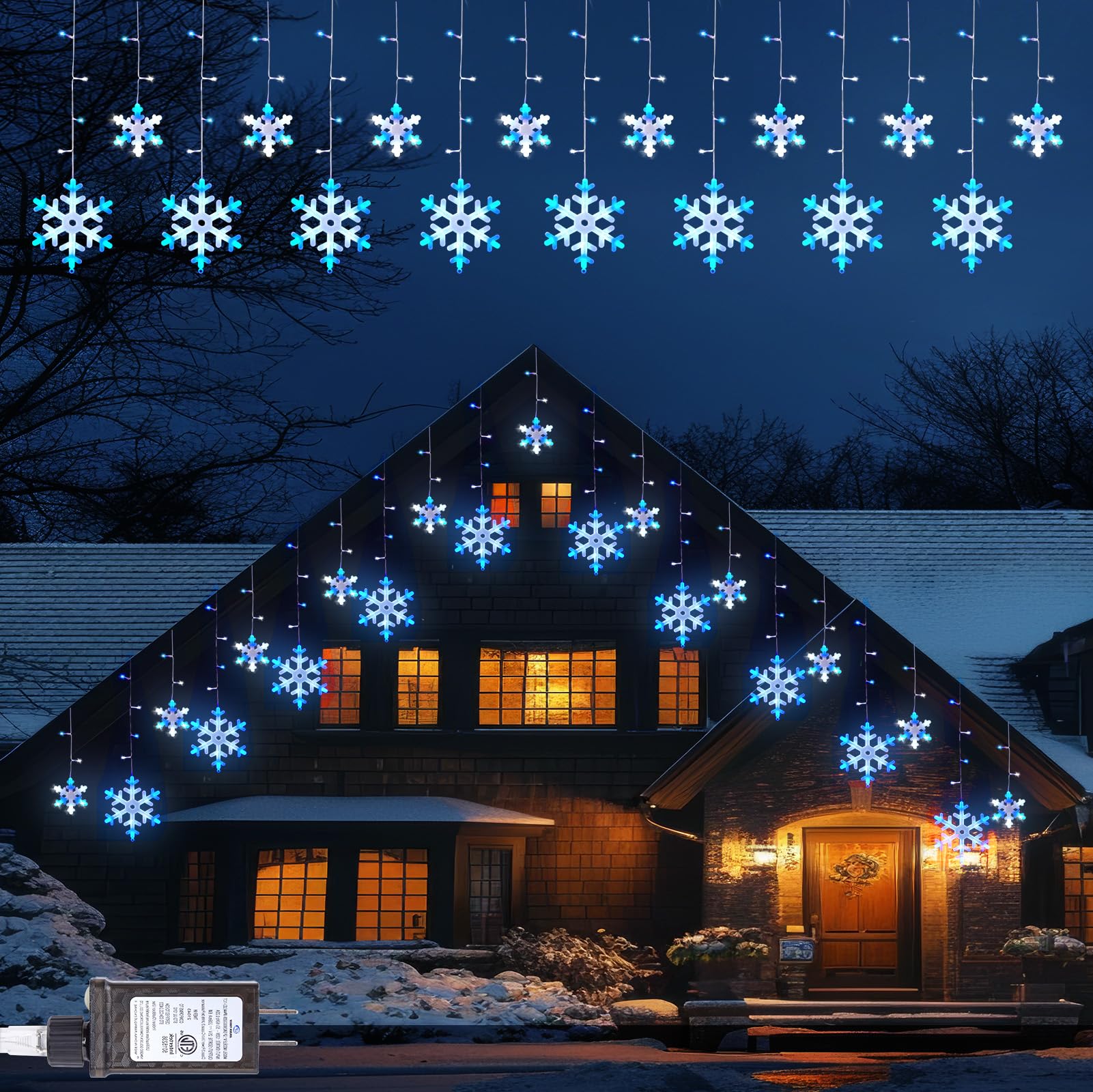 Blue and White Snowflake Lights - 13FT 192LED Snowflake String Lights ...