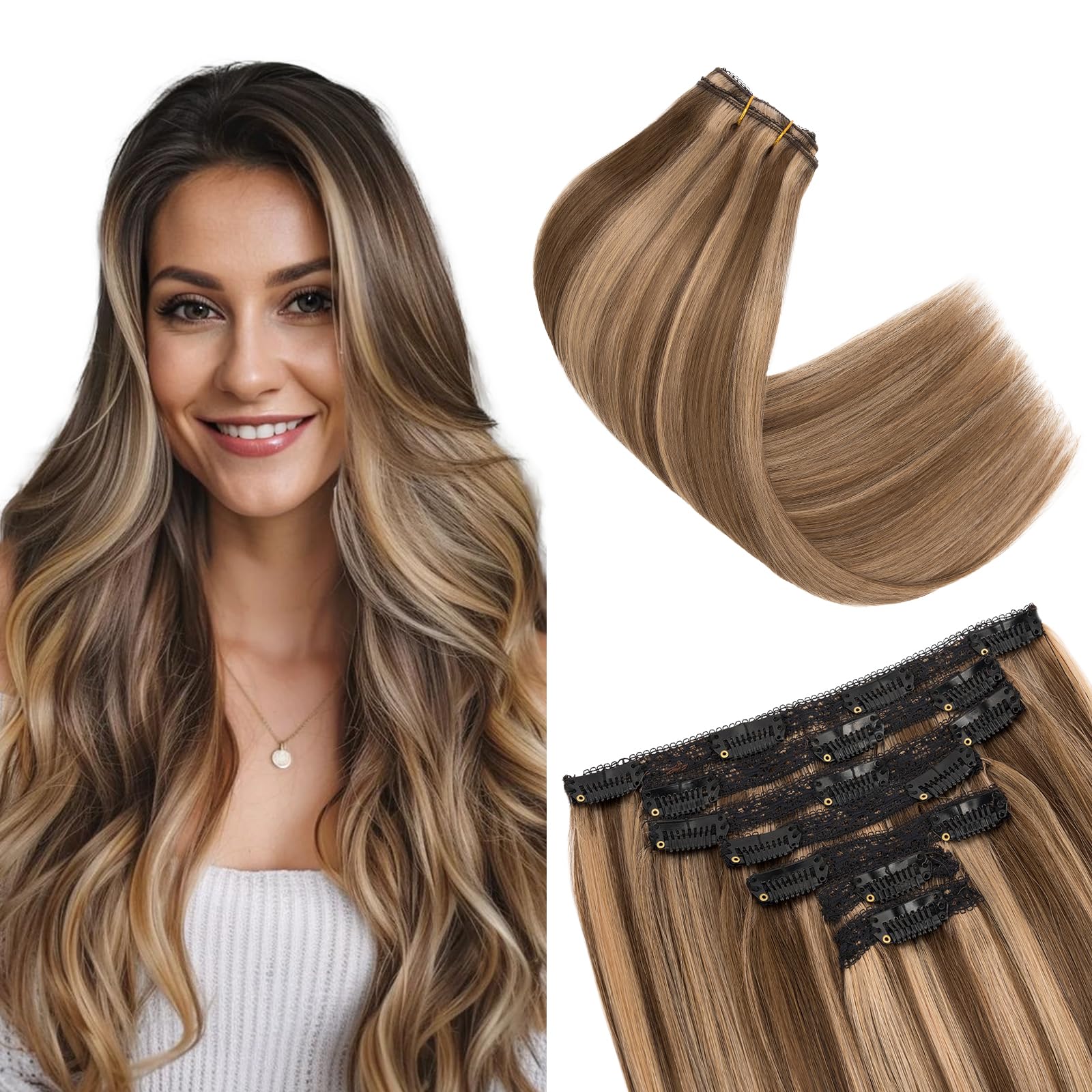 Amazon.com : Benehair Clip in Hair Extensions Real Human Hair 12inch Double Weft Medium Brown ...