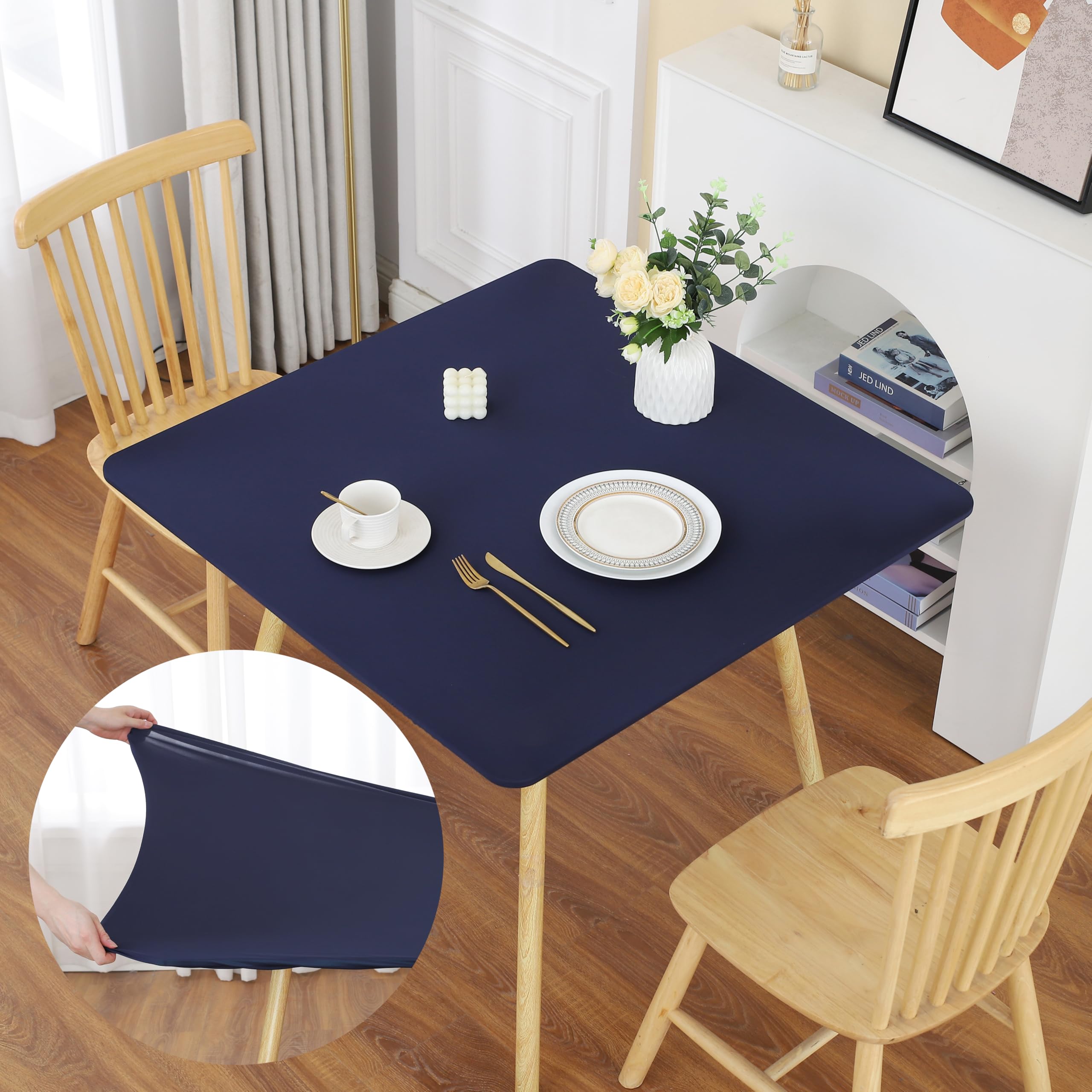 Amazon.com: FANTELOO Navy Blue Fitted Square Tablecloth Elastic Table ...