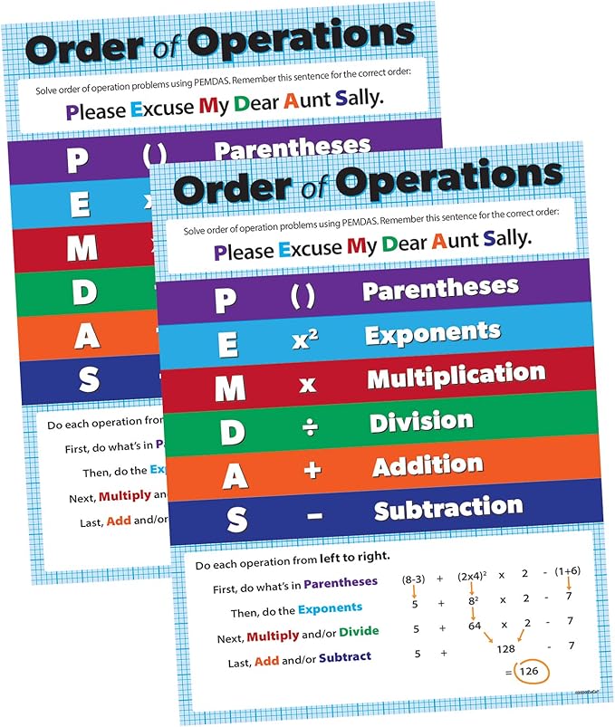Amazon.com: PEMDAS Posters (2 Pack) - Math Posters for Middle Schools ...