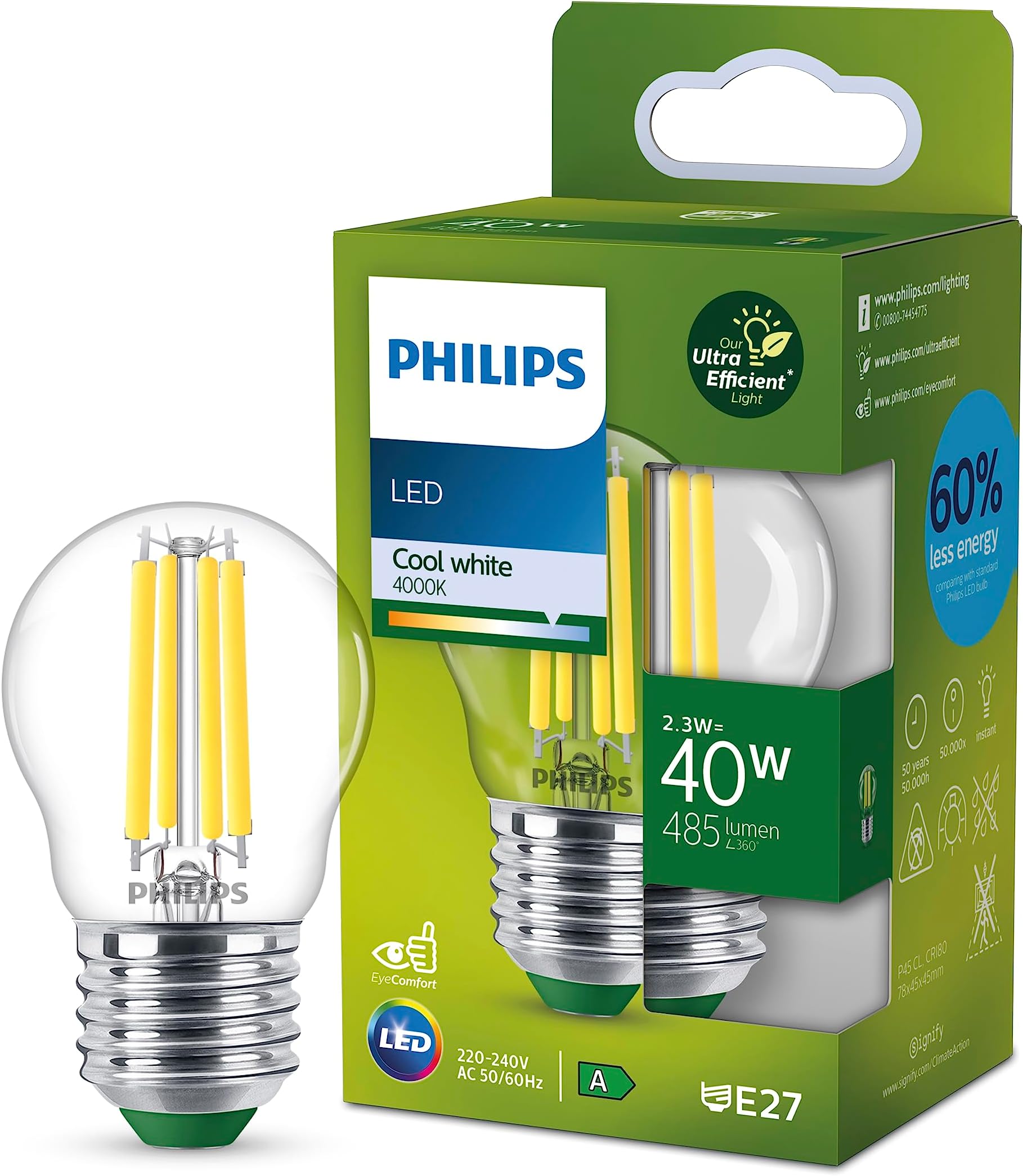Philips ampoule LED Sphérique E27 40W Blanc Chaud Claire, Verre : Amazon.fr: Luminaires et Éclairage