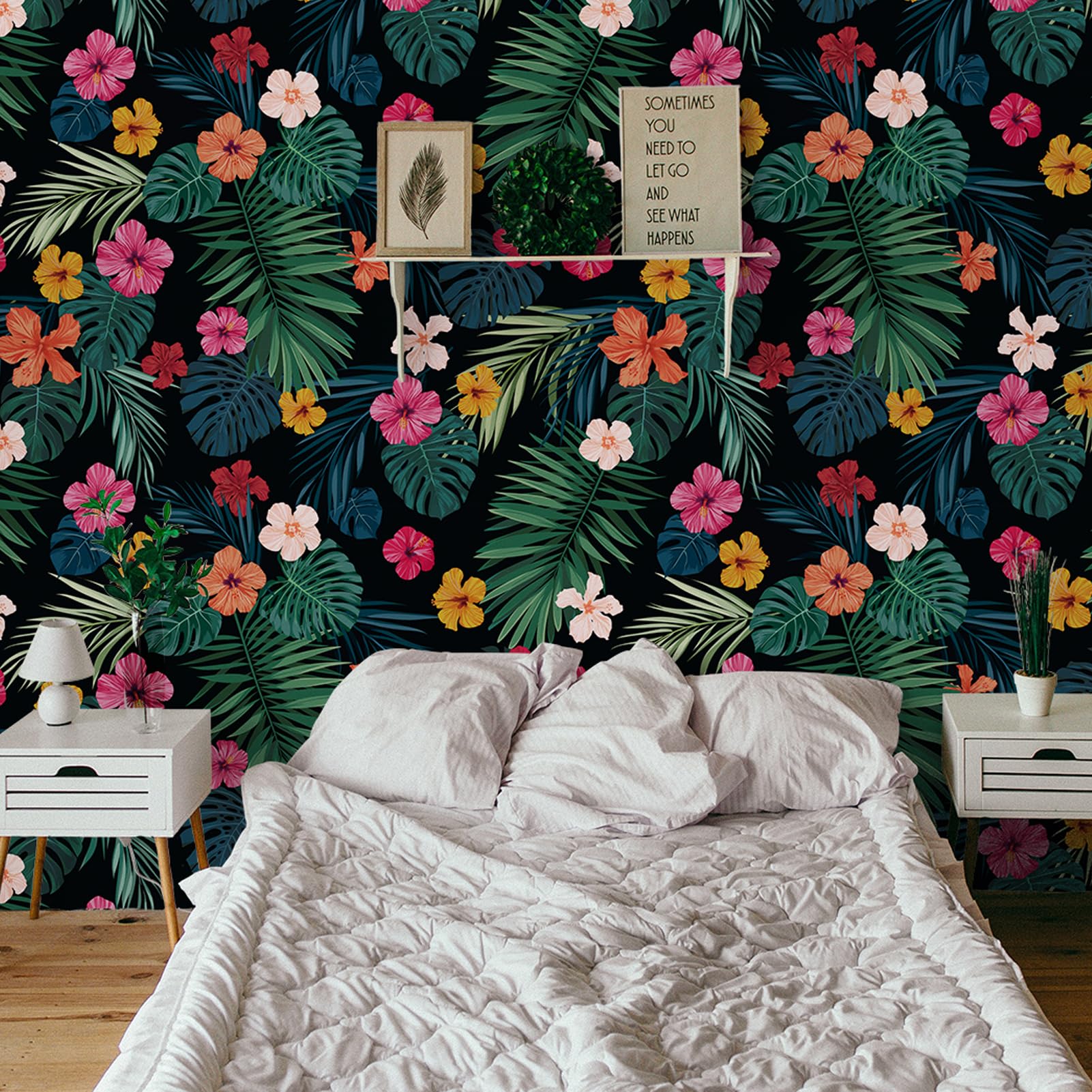 WESTICK Dark Tropical Peel and Stick Floral Wallpaper Green Palm Leaf ...