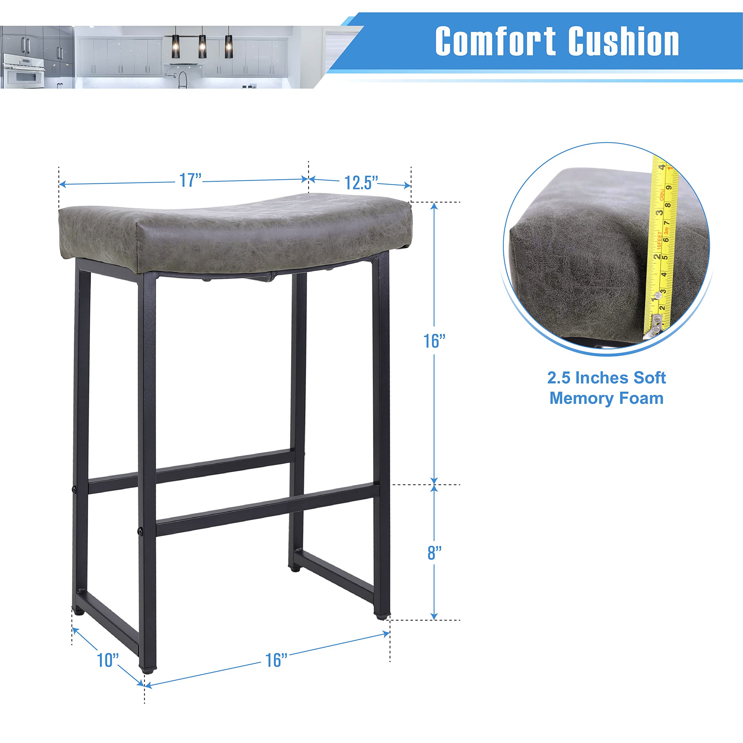 ALPHA HOME Bar Stools Backless Saddle Seat Barstools Modern PU Leather ...