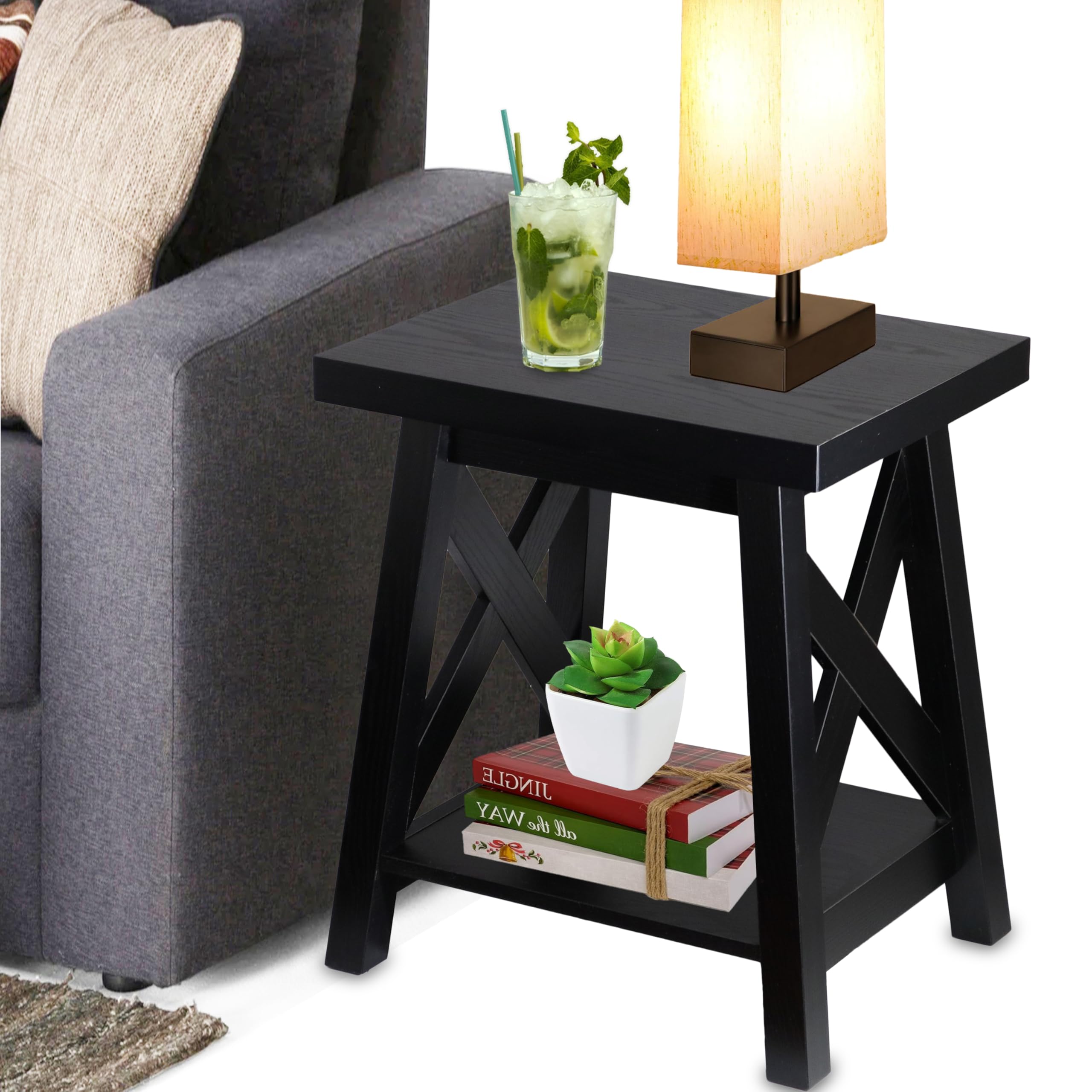 Amazon.com: FANTERSI Black Side Table, Wood Side Table Two Tiers, Modern Side Table for Living ...