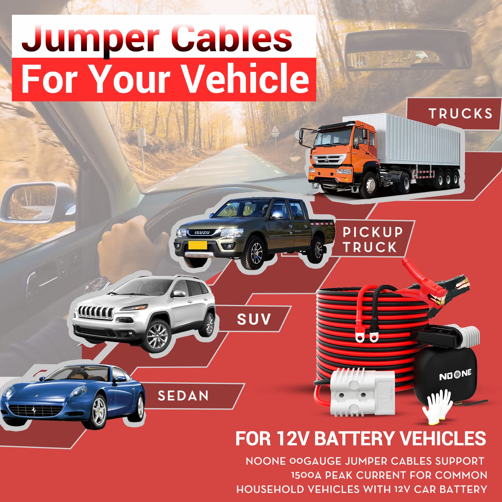 NOONE Booster Jumper Cables Heavy Duty 2/0 Gauge 30 FT 1500 AMP with ...